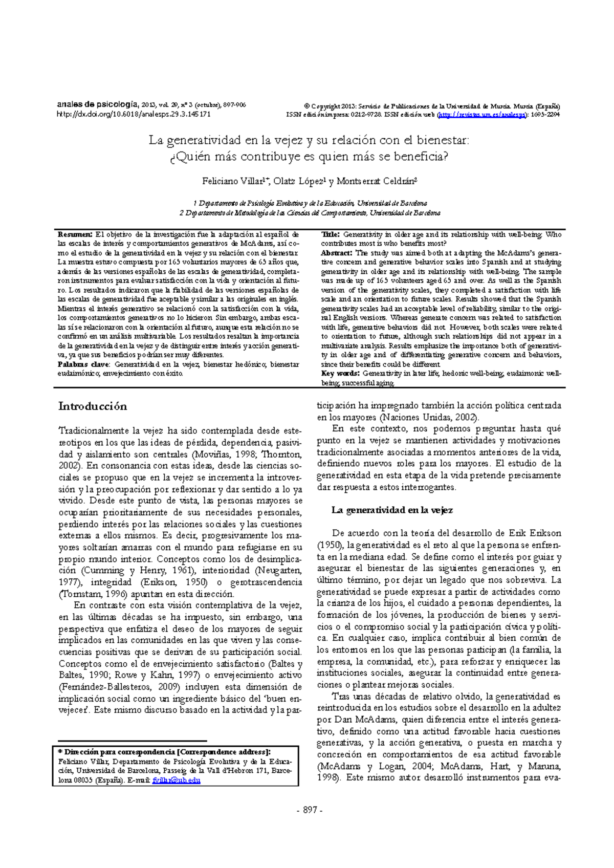 Villar, F.; Lopez, O. y Cedrán, M.(2013 ). La generatividad en la vejez ...