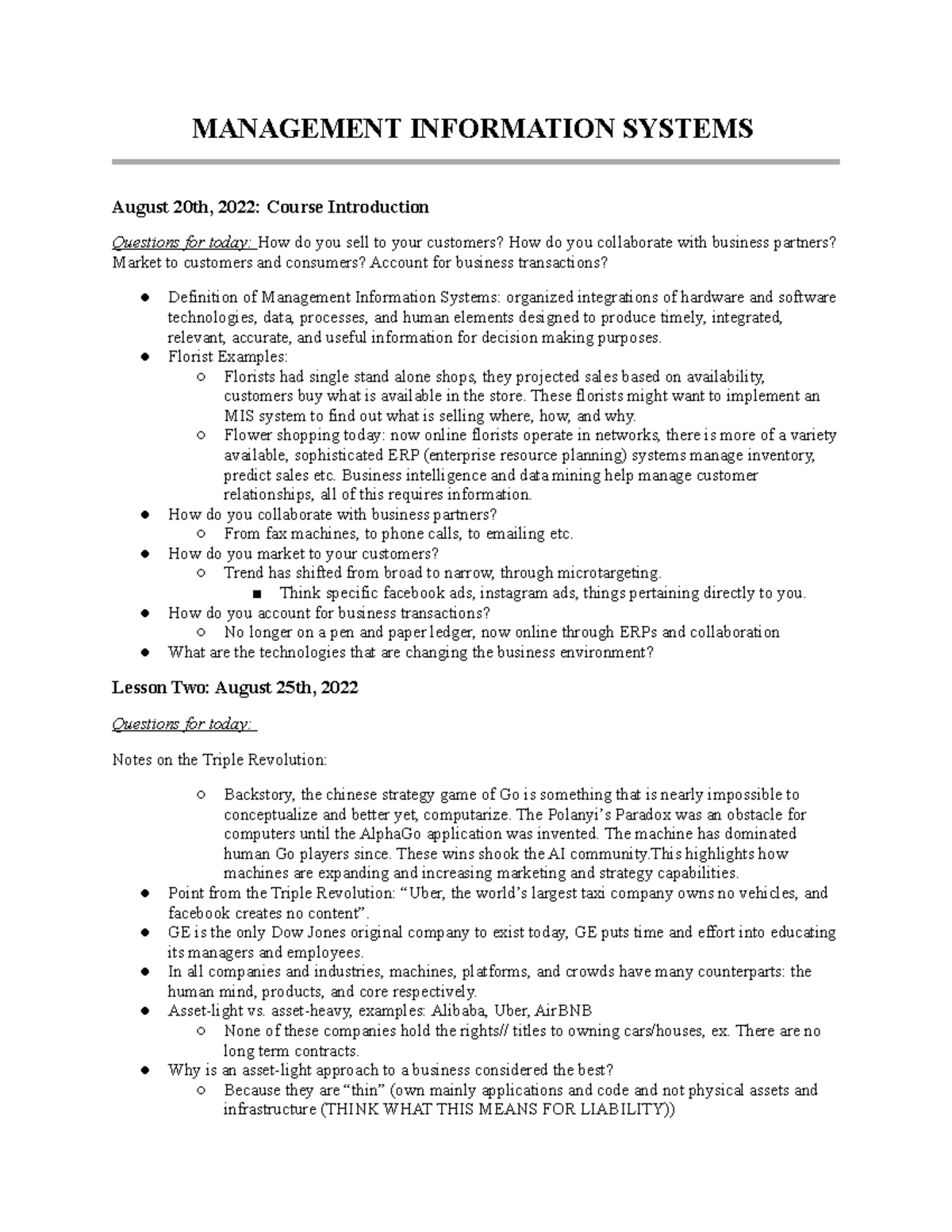 MIST2090 Notes on 8 20 and 8 25 (Intro and First Lecture) - MANAGEMENT ...