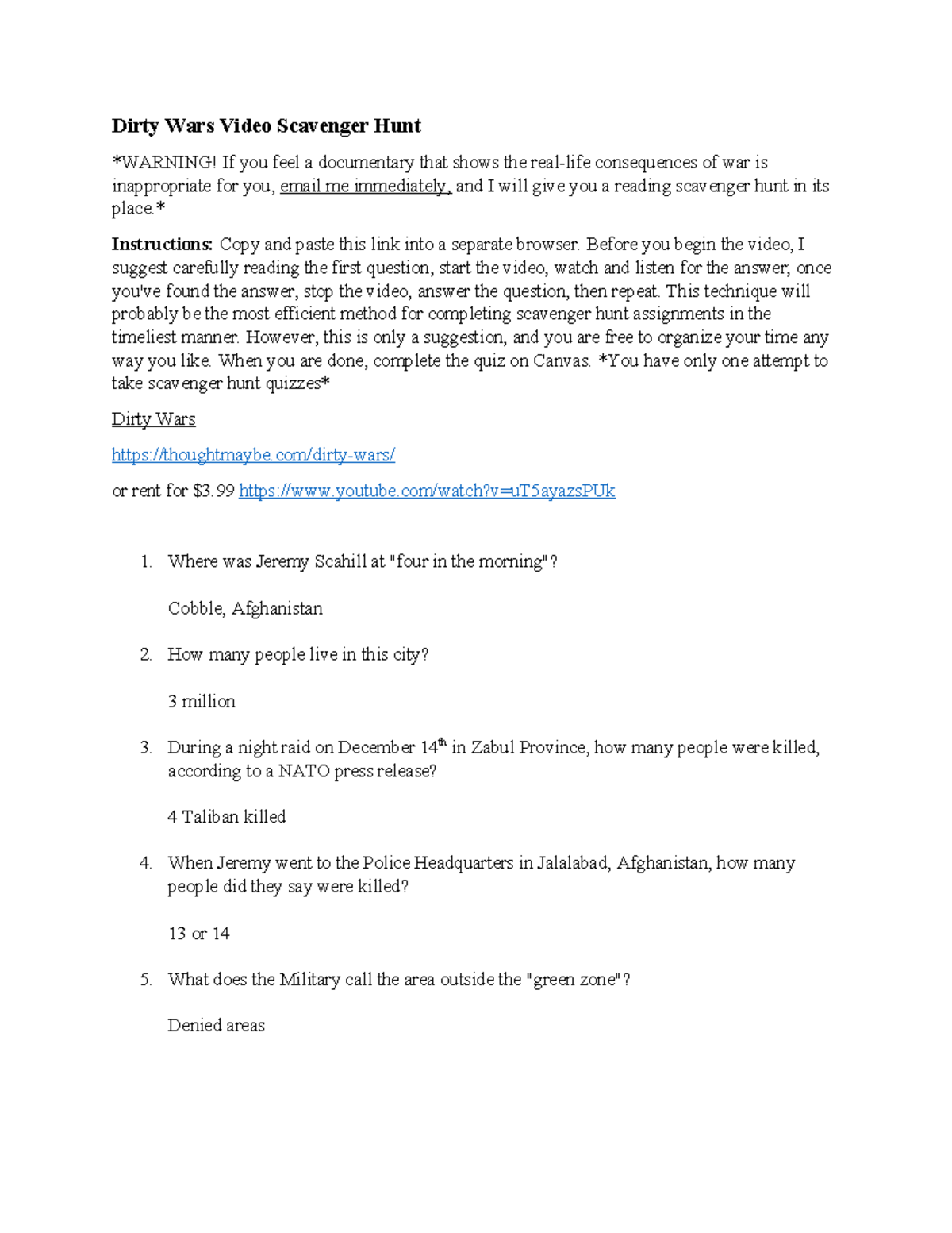 Dirty Wars Video Scavenger Hunt-1 - Dirty Wars Video Scavenger Hunt ...