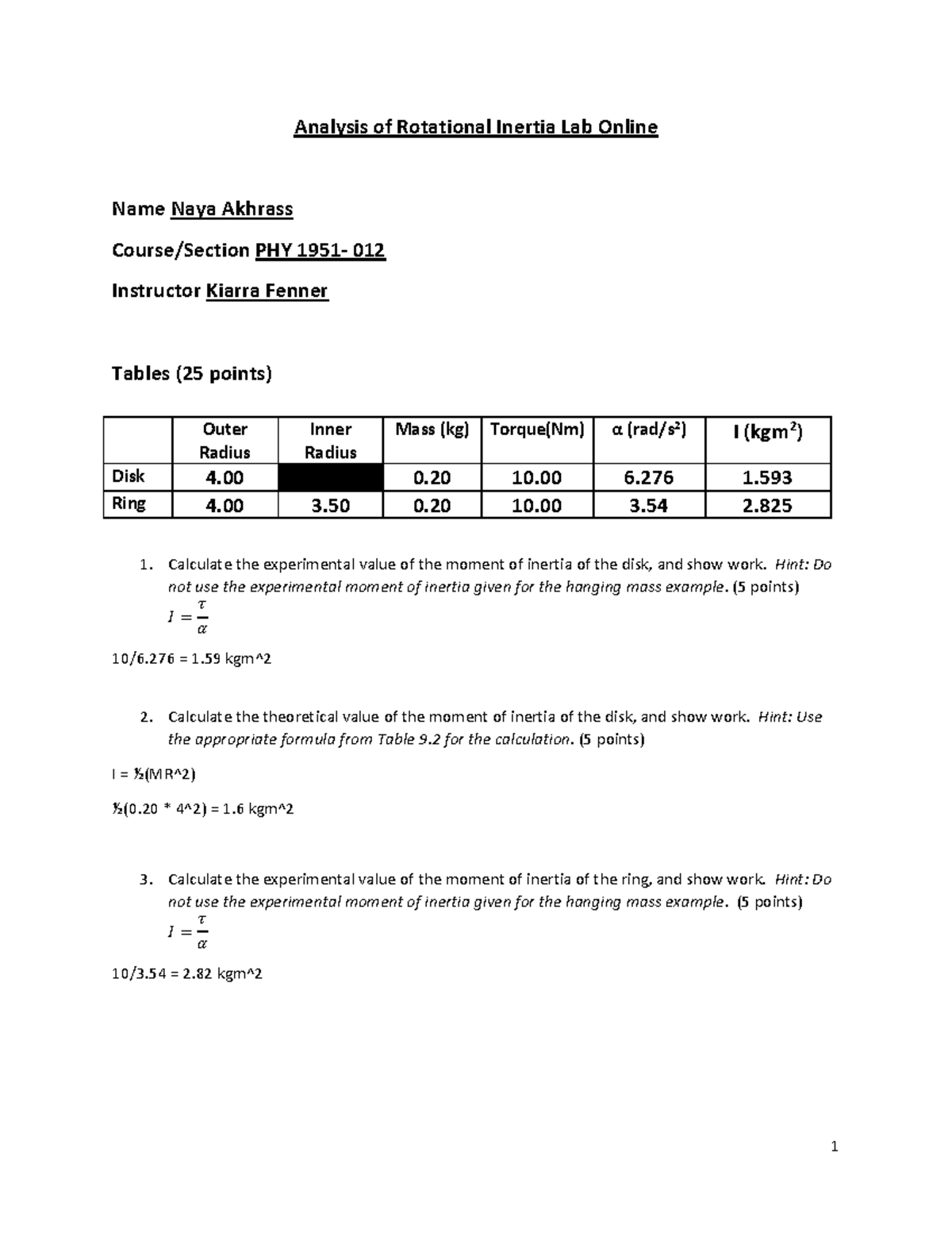 PHY LAB L8- rotational Inertia - 1 Analysis of Rotational Inertia Lab ...