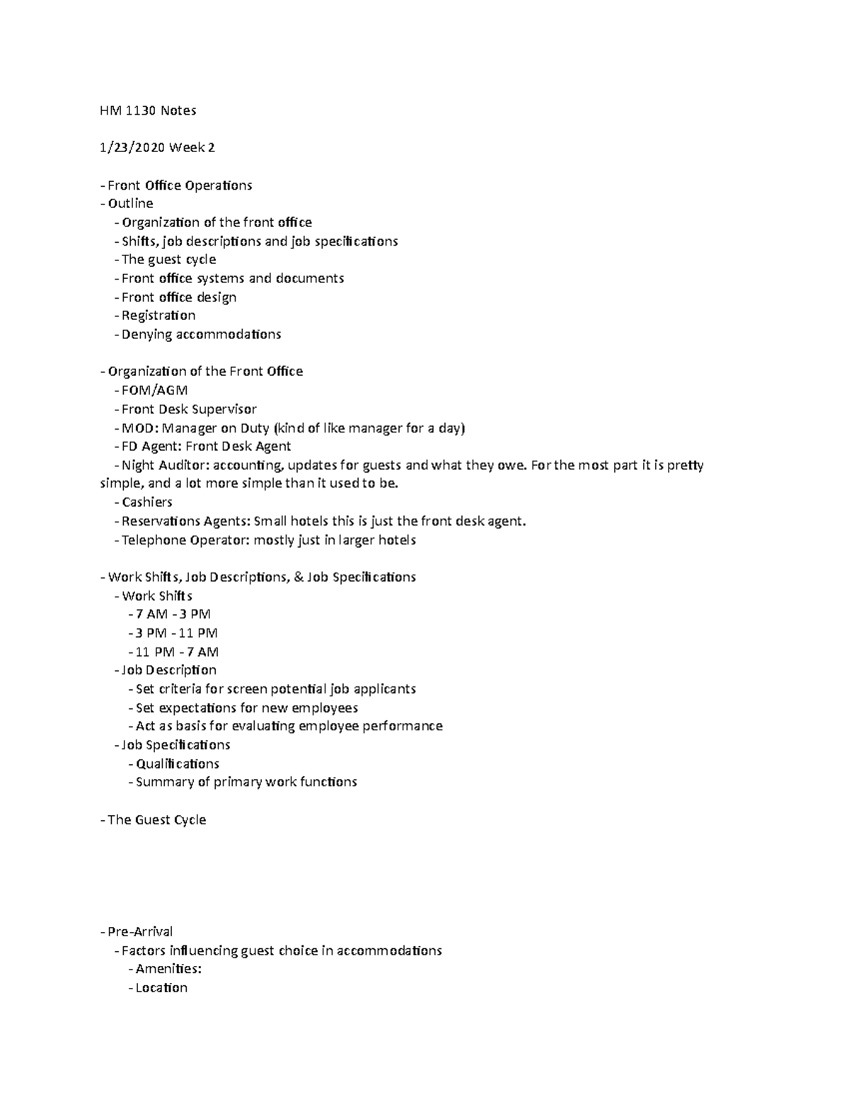 HM 1130 Week 2 Notes - HM 1130 Notes 1/23/2020 Week 2 Front Office ...