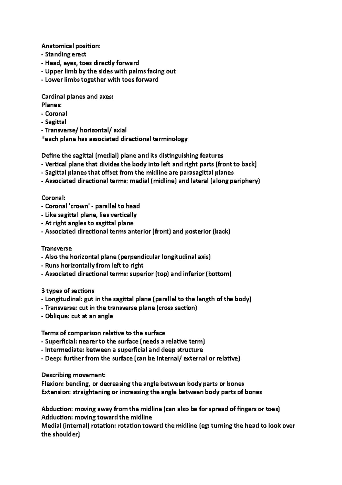 Anatomical position - notes - Anatomical position: Standing erect Head ...