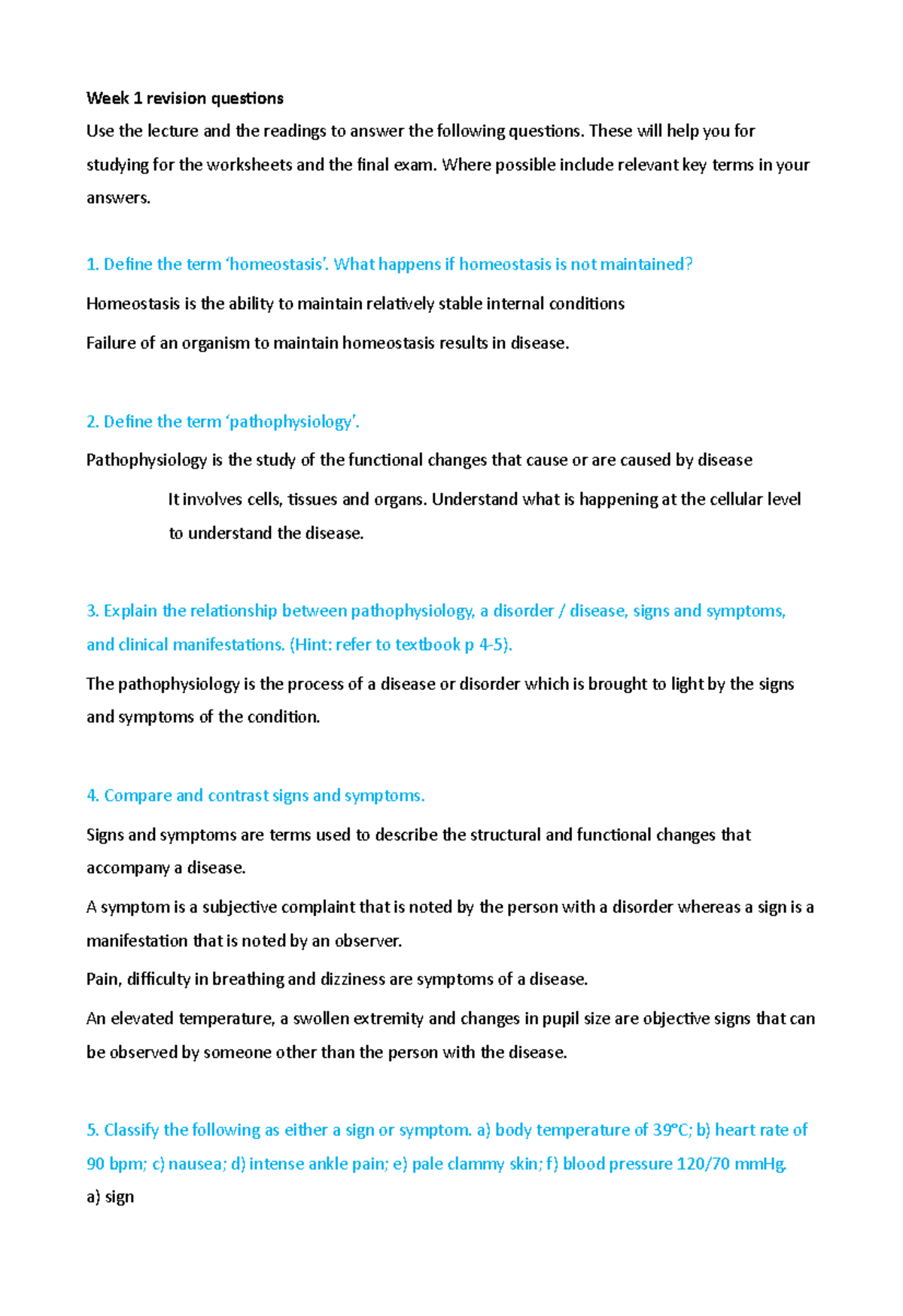 Weekly Revision - Summary Human Pathophysiology - Week 1 revision the ...
