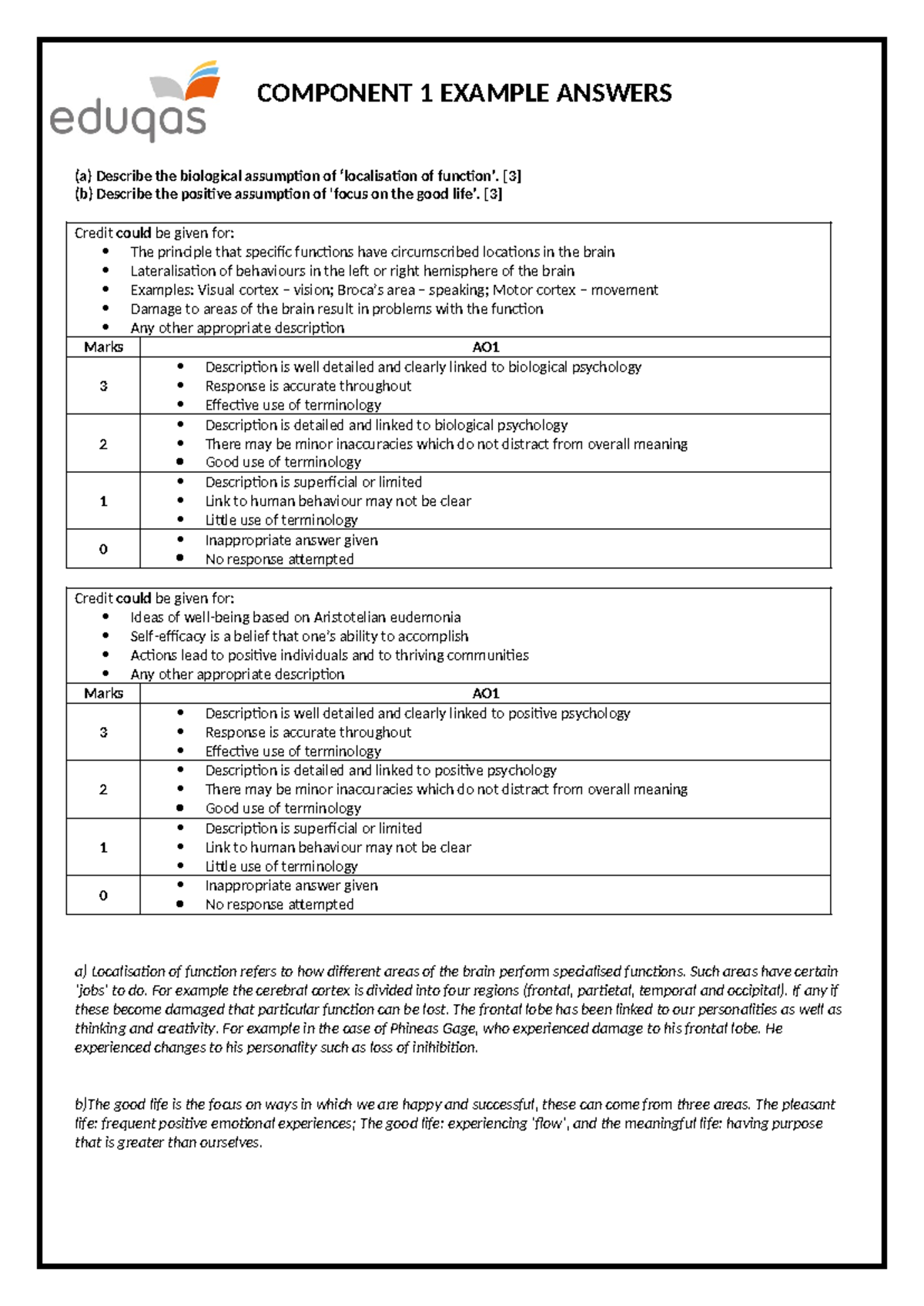 business eduqas - COMPONENT 1 EXAMPLE ANSWERS (a) Describe the biological assumption of - Studocu