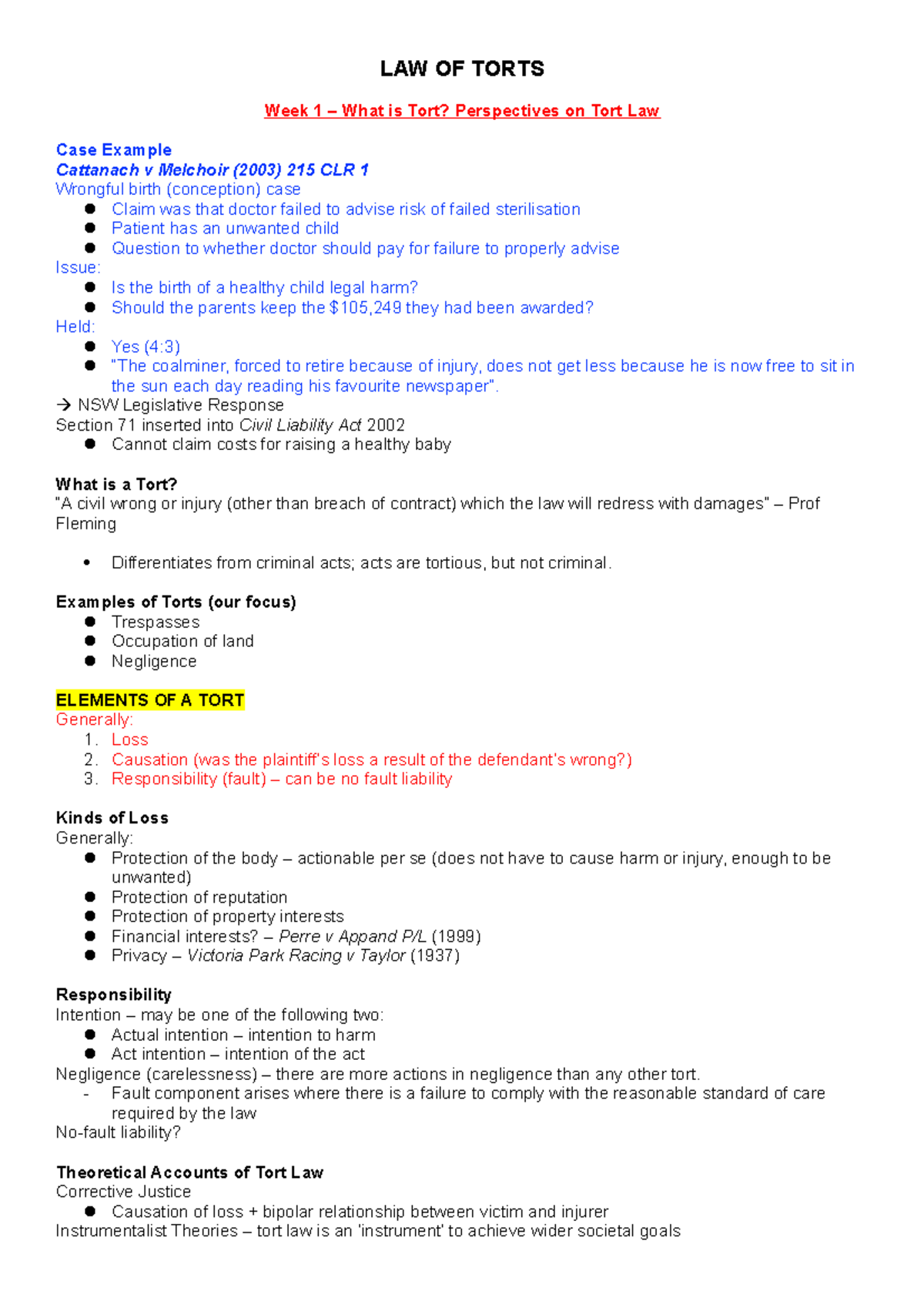 LAW OF Torts - summary of notes - LAW OF TORTS Week 1 – What is Tort ...