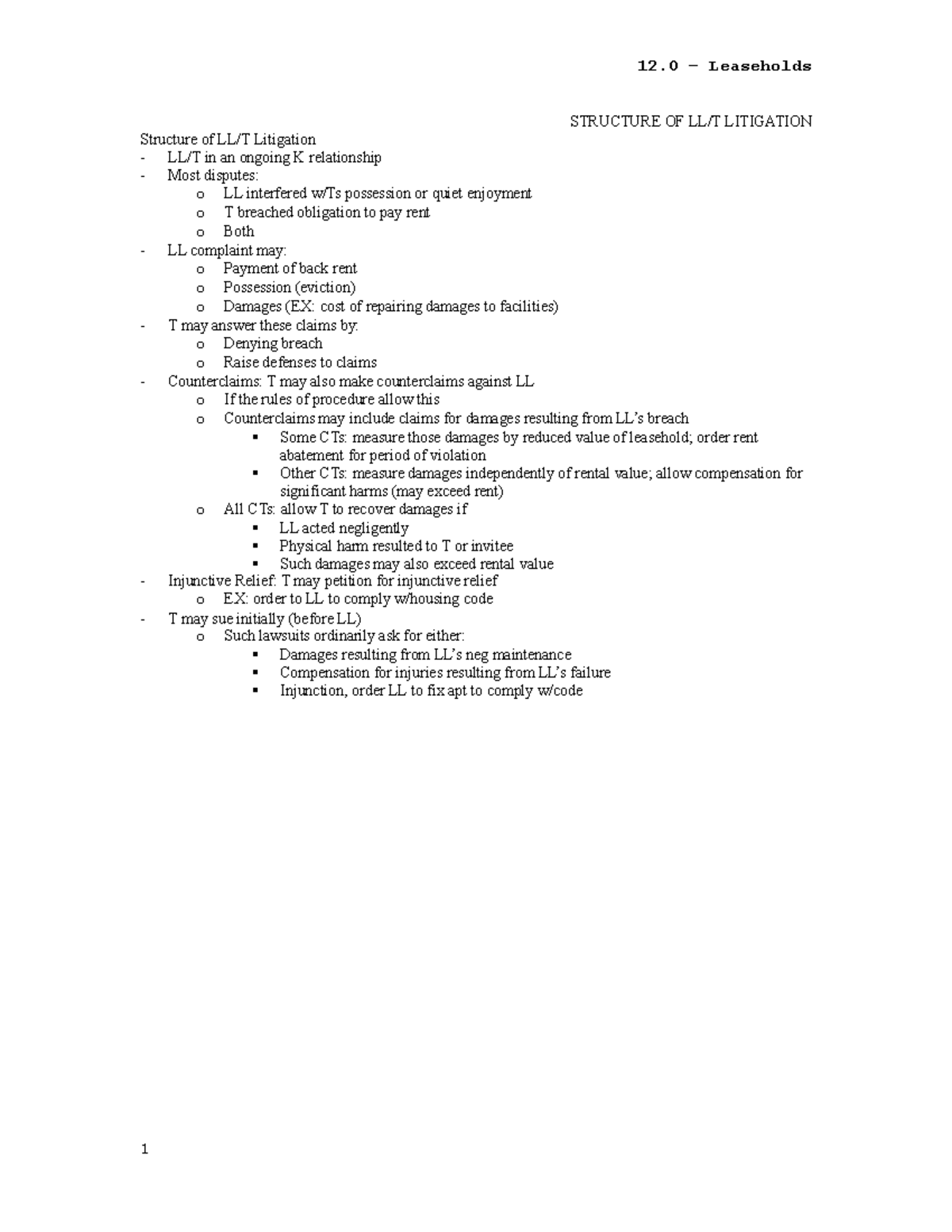 Property Law Outline - 3 - STRUCTURE OF LL/T LITIGATION Structure of LL ...