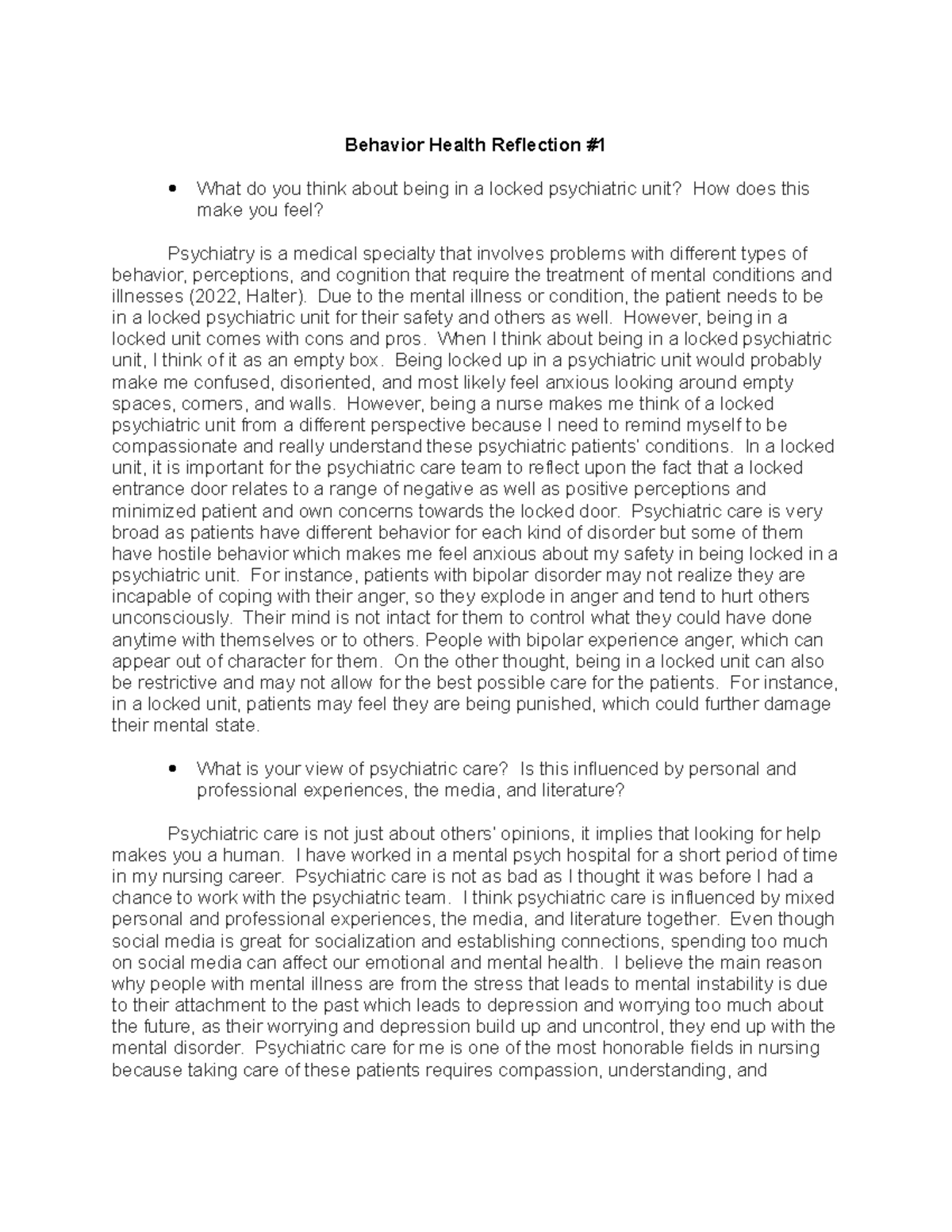 Behavior Health Reflection - Due to the mental illness or condition ...