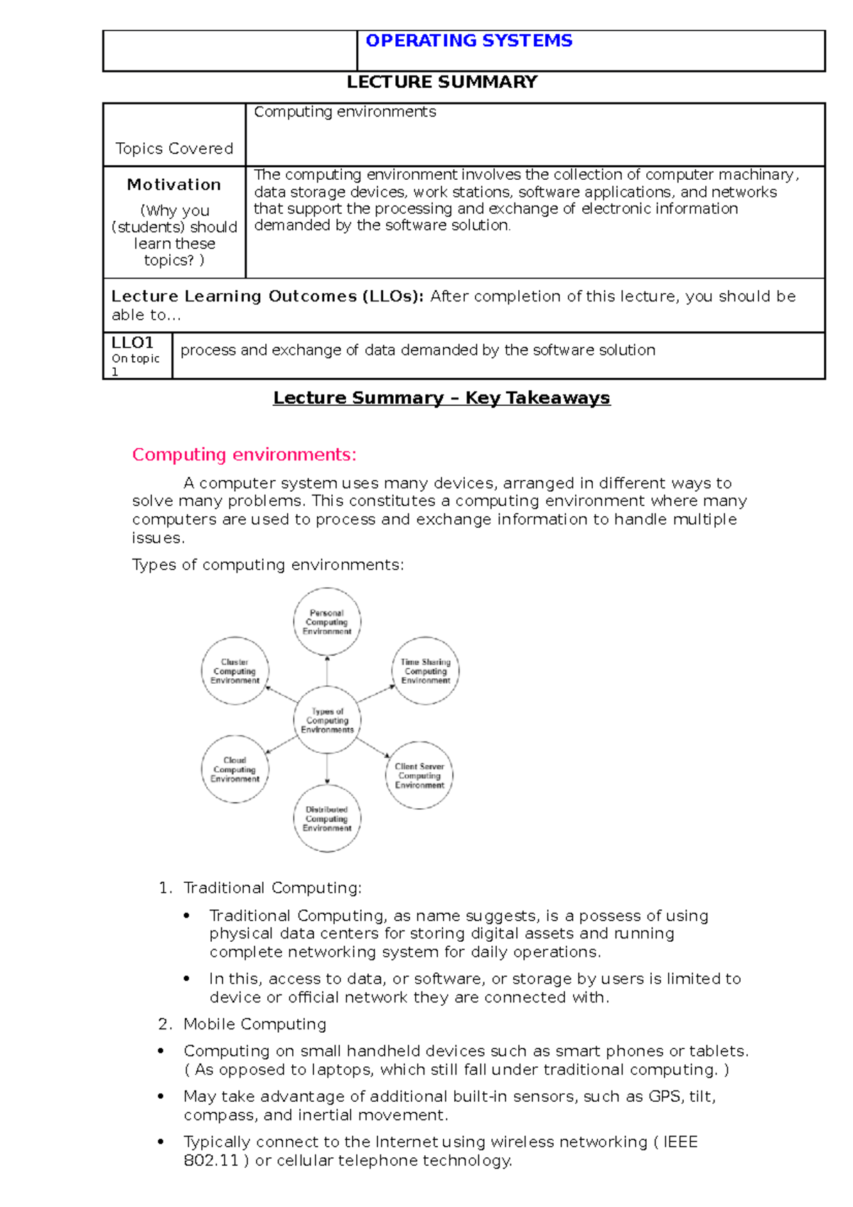 Computing environments - Lecture Learning Outcomes (LLOs): After ...
