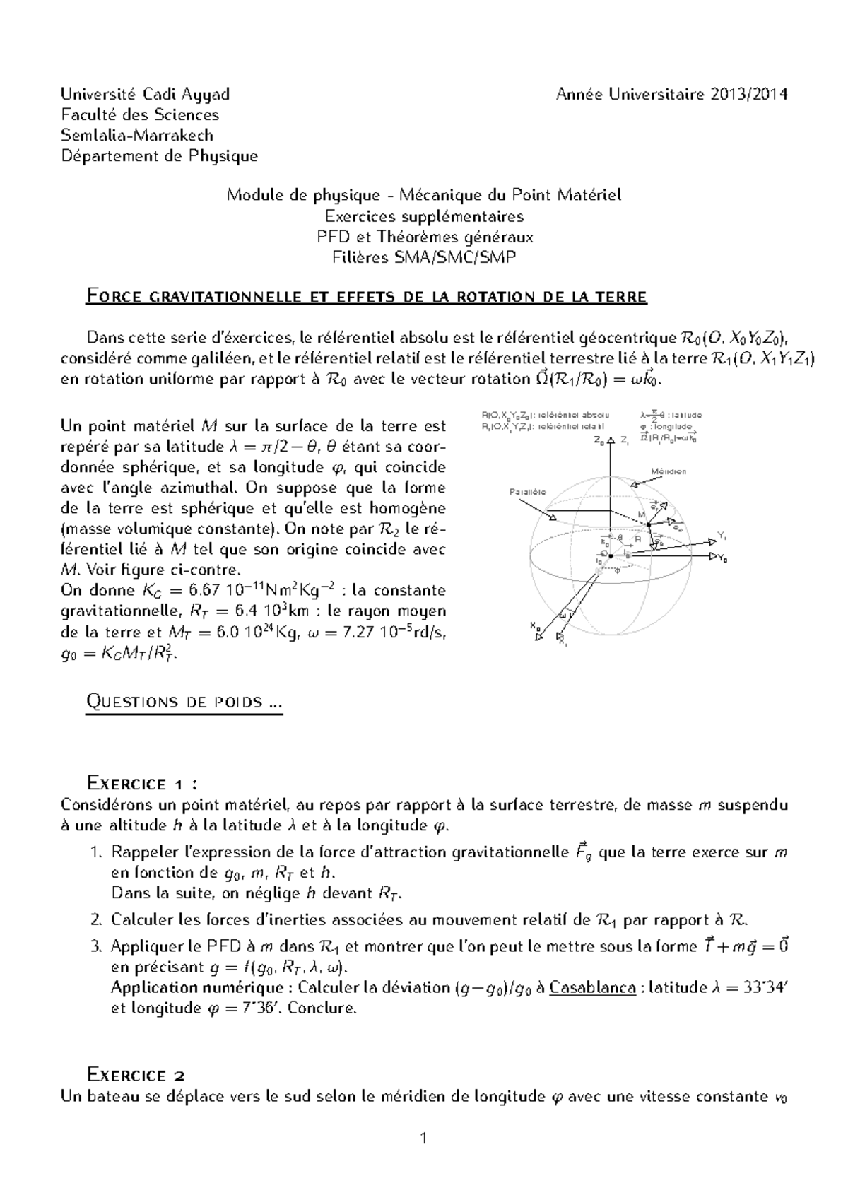 Mécanique du Point Matériel force gravitationnelles exercices - Université Cadi Ayyad Année ...
