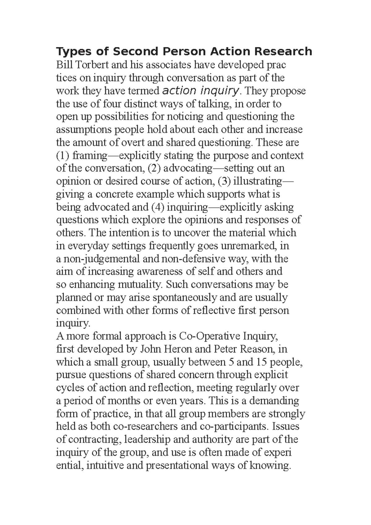 Types of Second Person Action Research - They propose the use of four ...