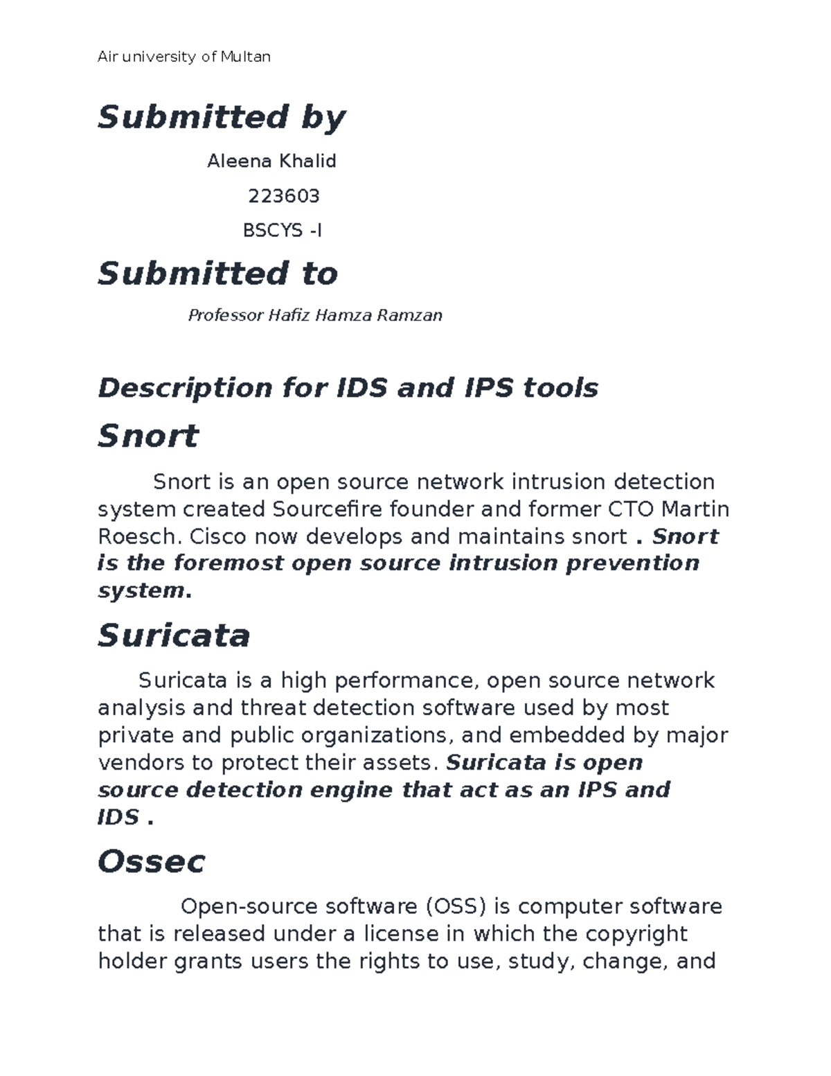 ICS ASSIGNMENT FOR IPS and IDS tools - Air university of Multan ...