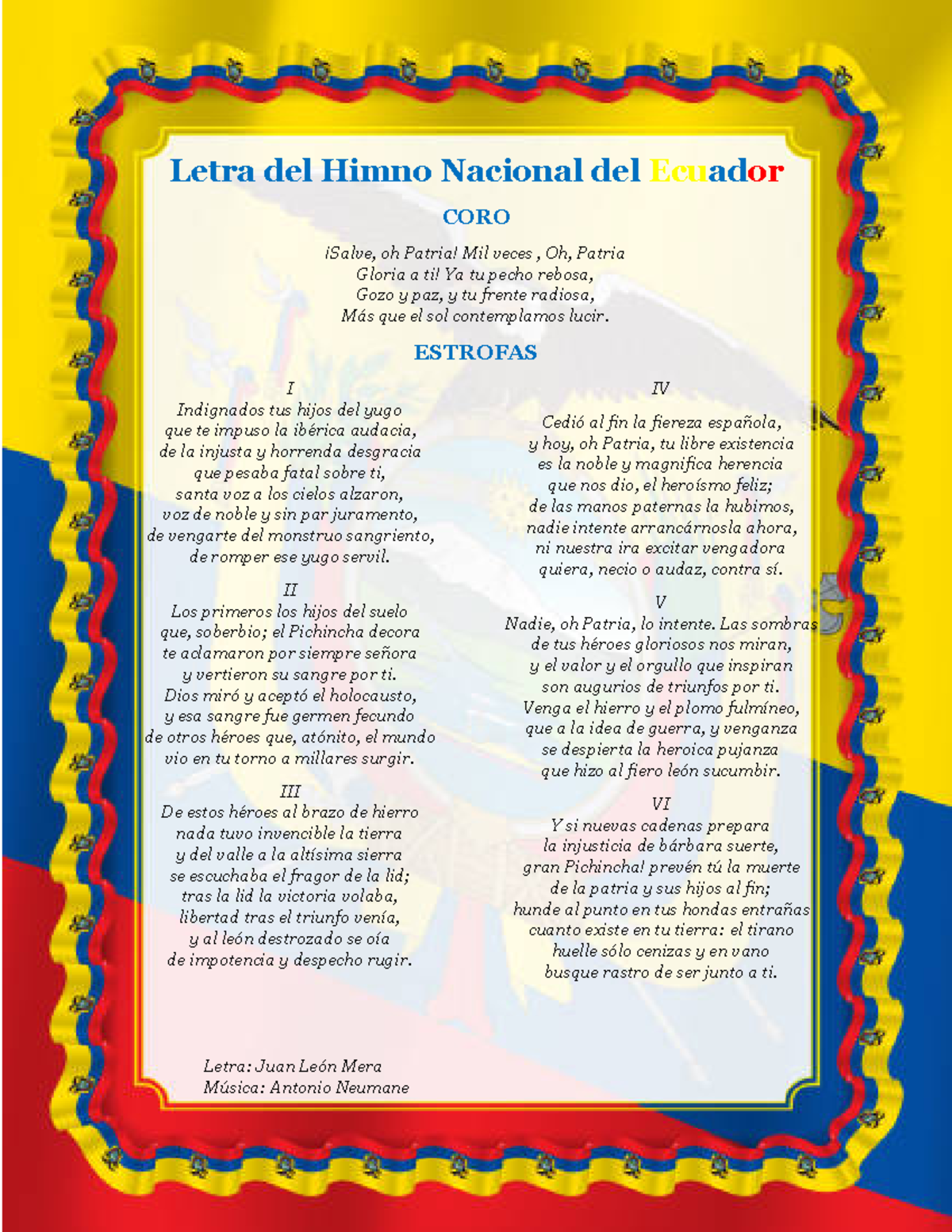 Letra del Himno Nacional del Ecuador - Letra del Himno Nacional del ...