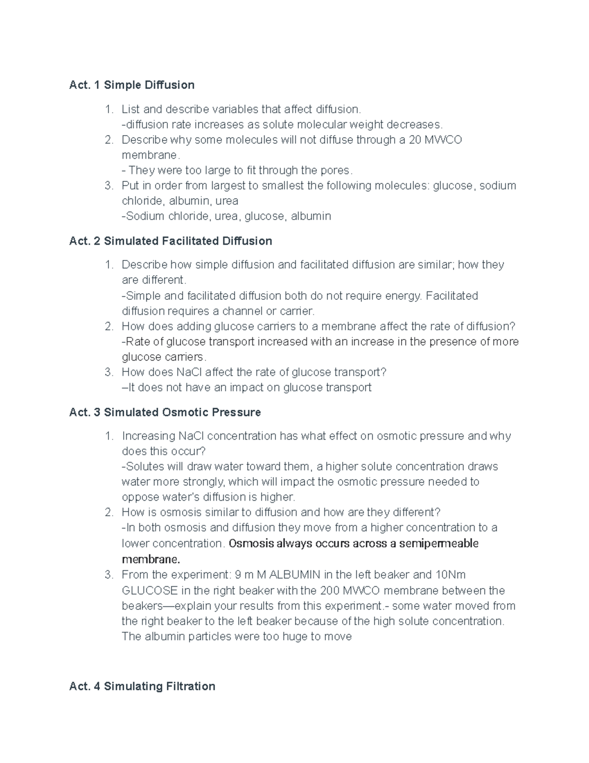 Physio Ex 1 - homework - Act. 1 Simple Diffusion List and describe ...