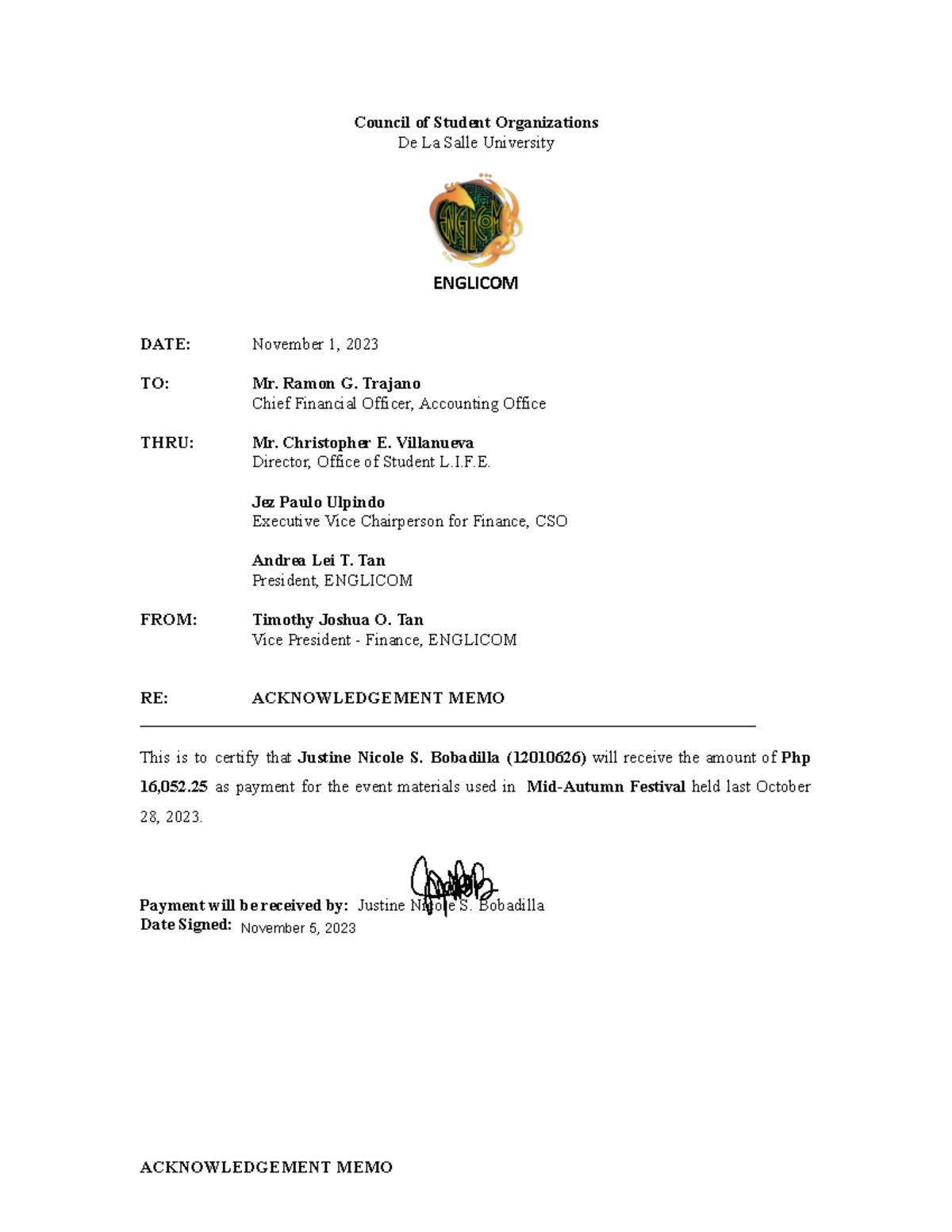 5. Acknowledgement Memo - Council of Student Organizations De La Salle ...