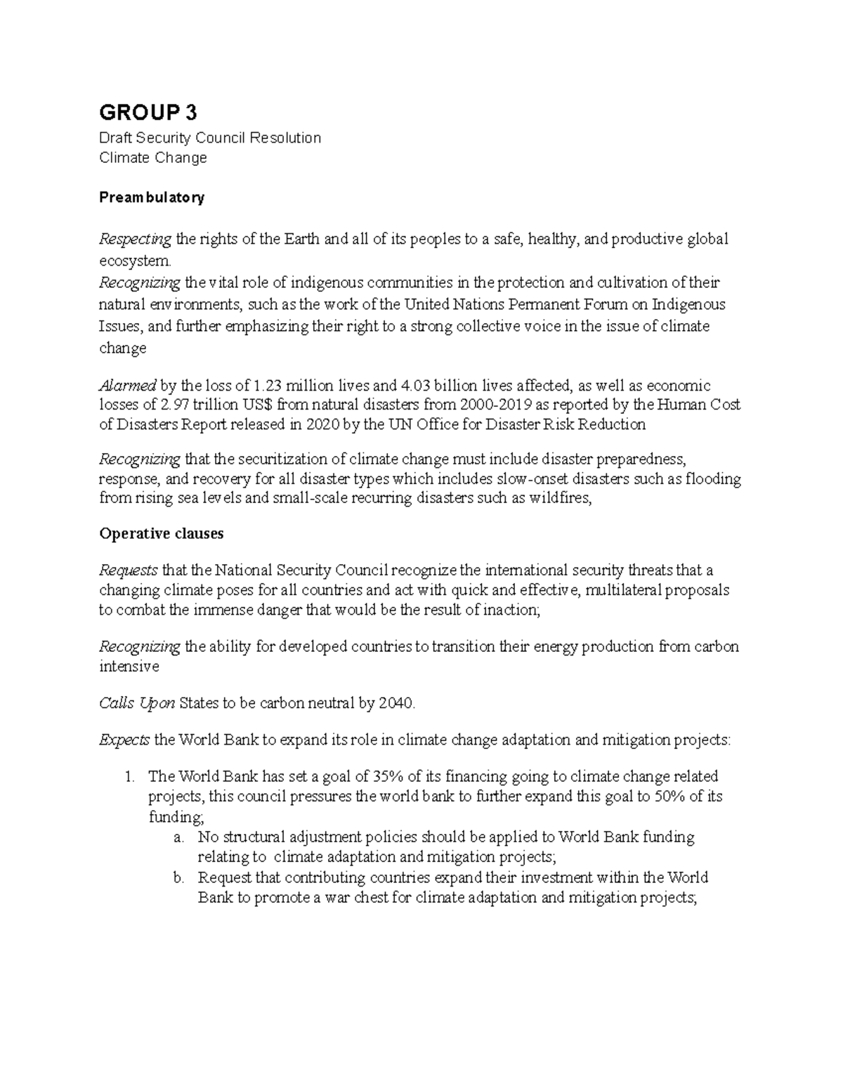 Draft Security Council Resolution on Climate Change - Studocu