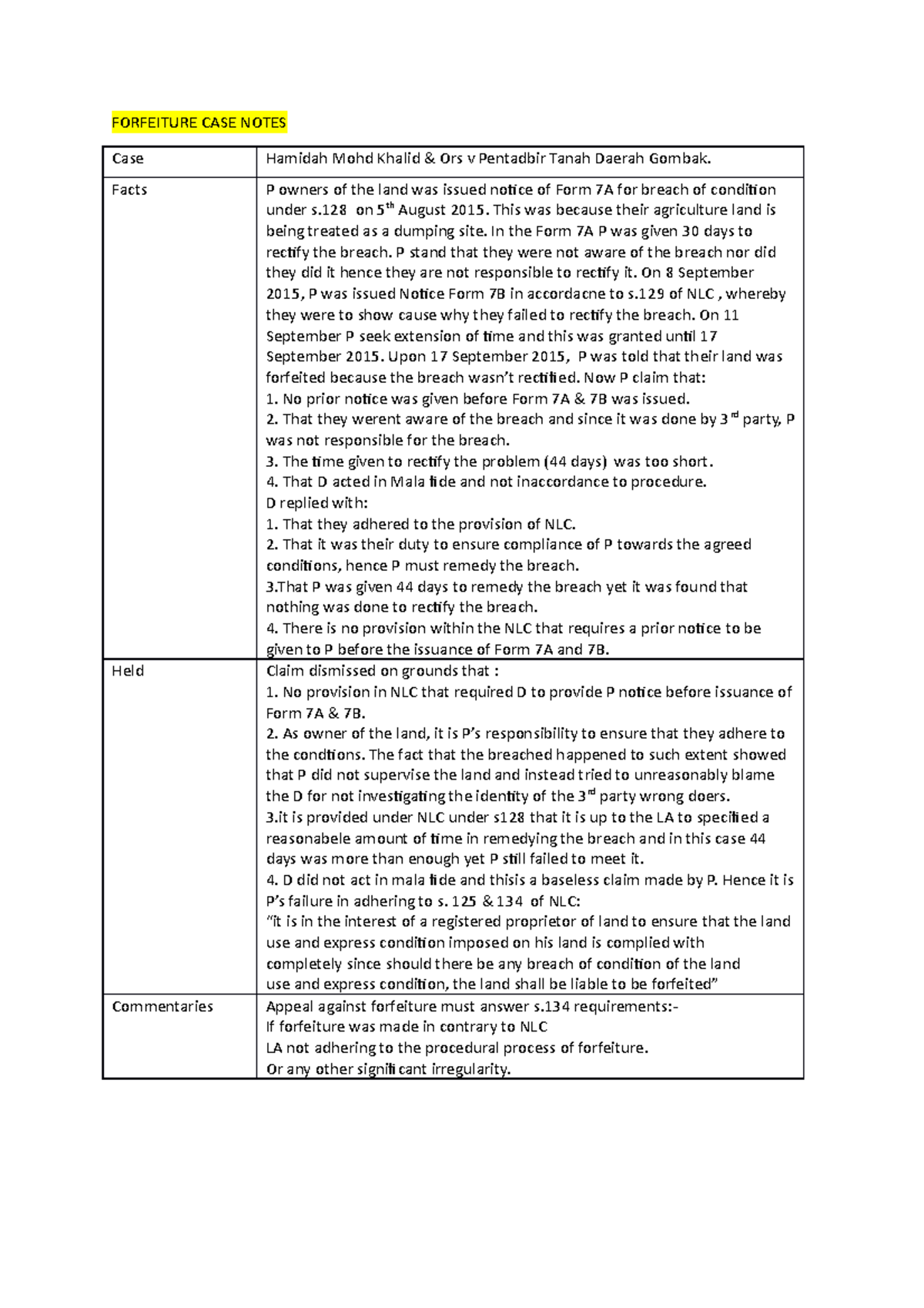 Forfeiture CASE Notes - FORFEITURE CASE NOTES Case Hamidah Mohd Khalid ...