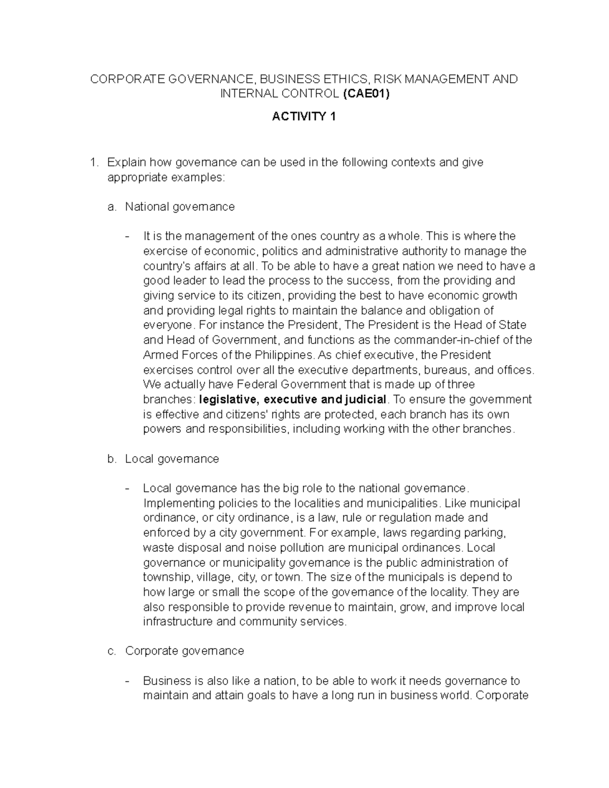 CAE01 Activity 1 - CORPORATE GOVERNANCE, BUSINESS ETHICS, RISK ...
