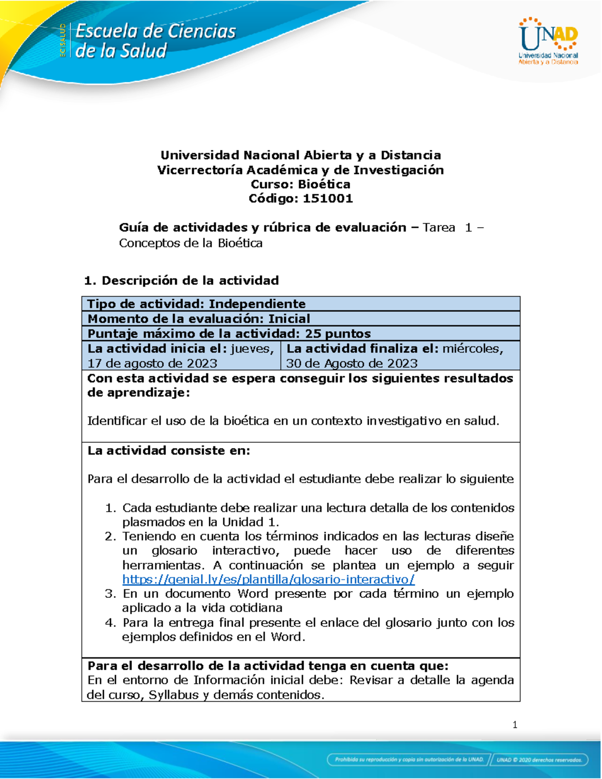 Guia de actividades y Rúbrica de evaluación - Tarea 1 - Conceptos de la Bioética - Universidad ...
