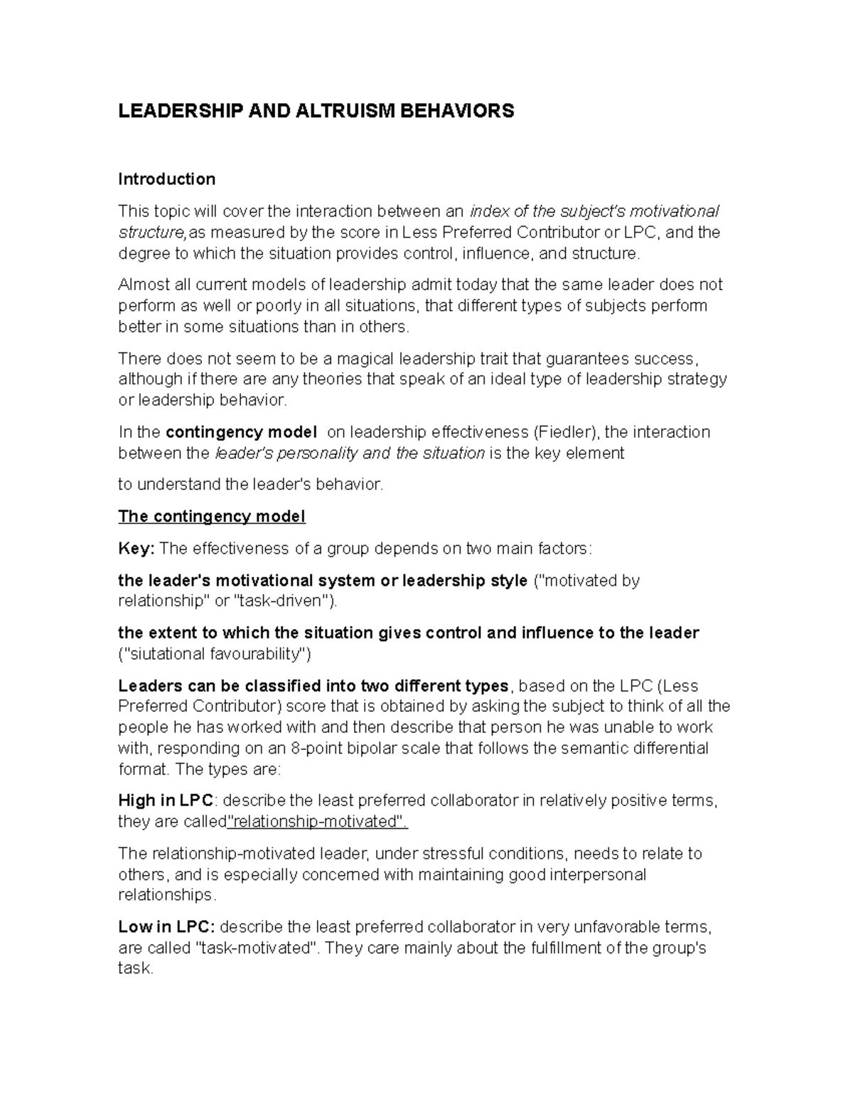 Leadership and altruism behaviors - LEADERSHIP AND ALTRUISM BEHAVIORS ...