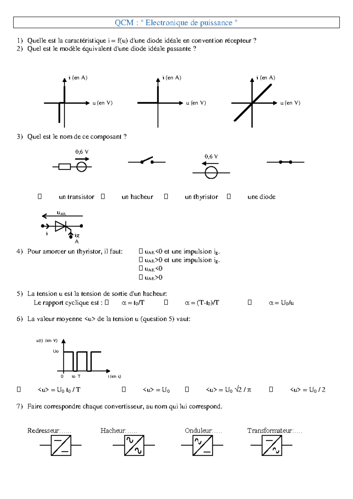 Ilide - Livre - QCM : " Electronique de puissance " 1) Quelle est la caractéristique i = - Studocu
