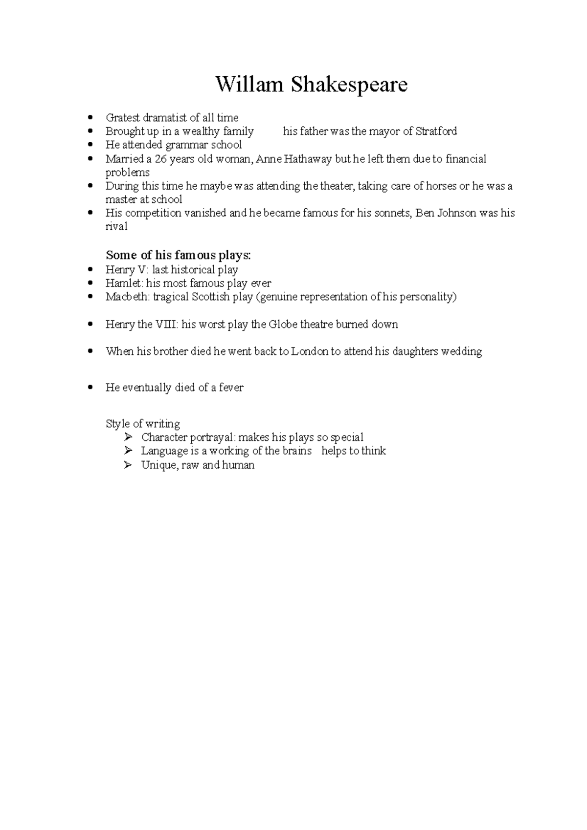 Willam Shakespeare - Lecture notes 1 - Willam Shakespeare Gratest ...