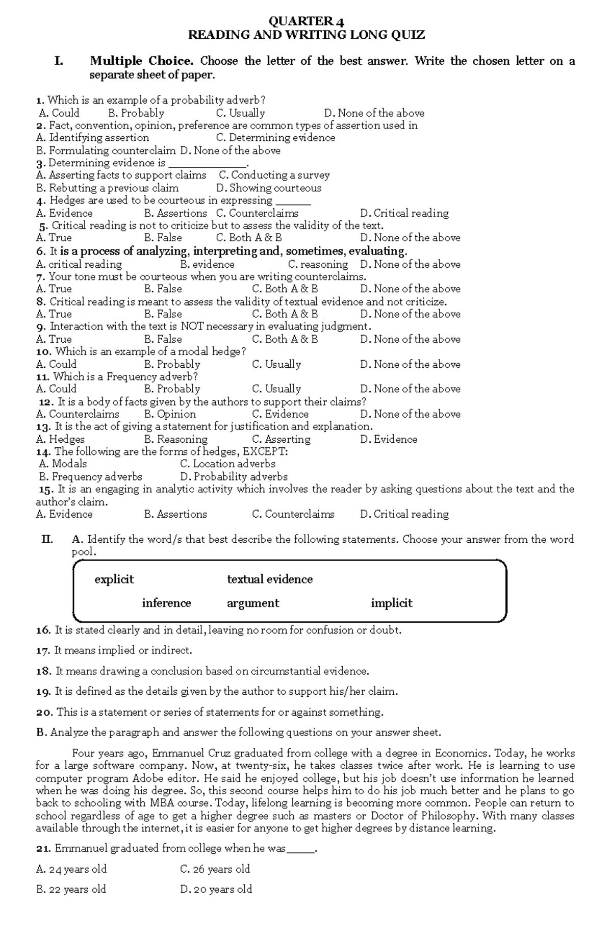 Q4 RAW LONG QUIZ - QUARTER 4 READING AND WRITING LONG QUIZ I. Multiple ...
