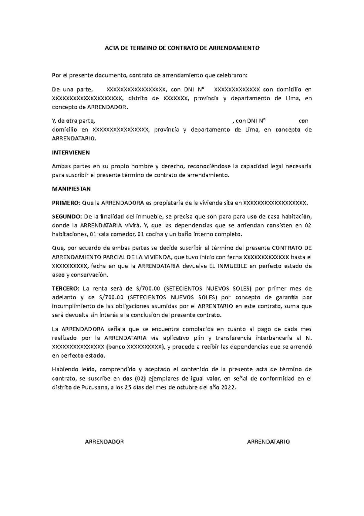 M. Acta de Termino De Contrato de Arrendamiento - ACTA DE TERMINO DE ...