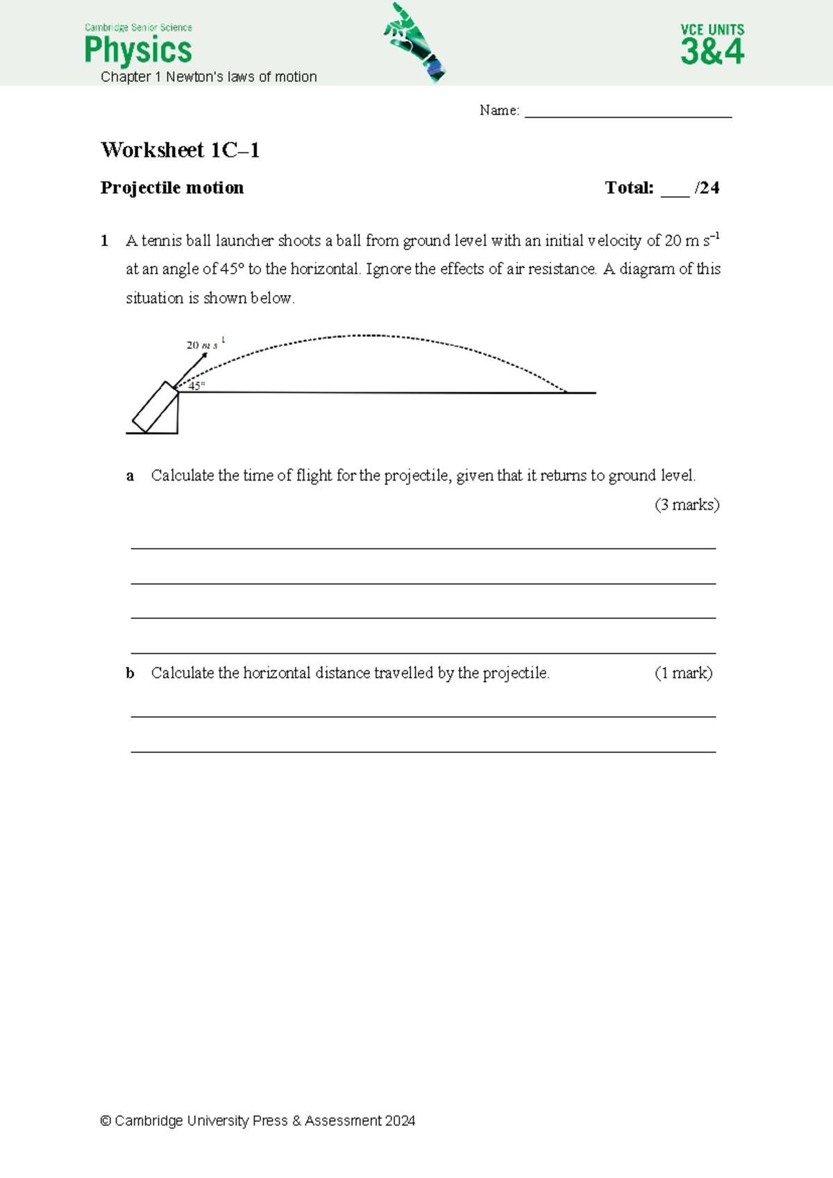 Worksheet 1C 1 Projectile motion - Name ...