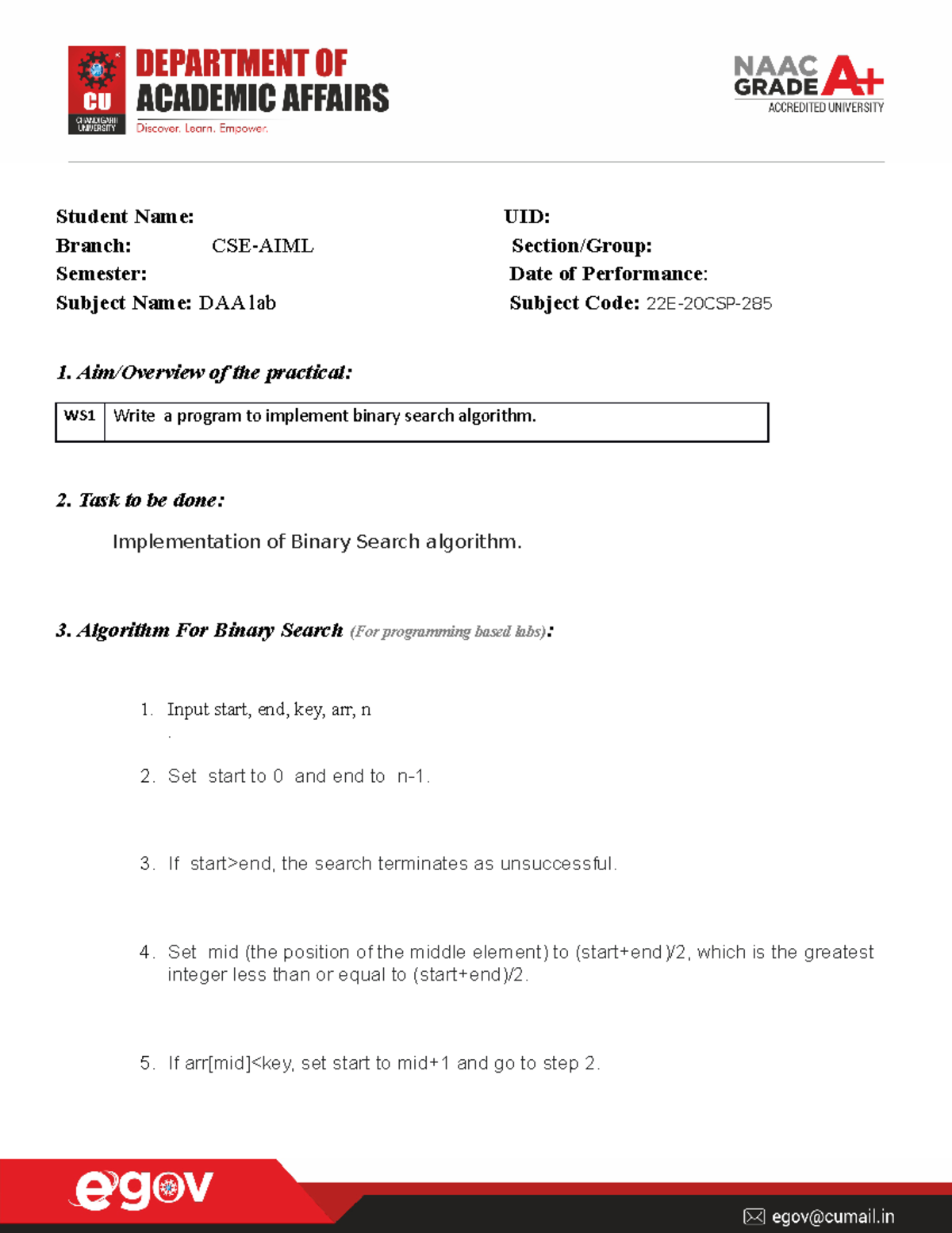 Worksheet -1(DAA) - Student Name: UID: Branch: CSE-AIML Section/Group ...