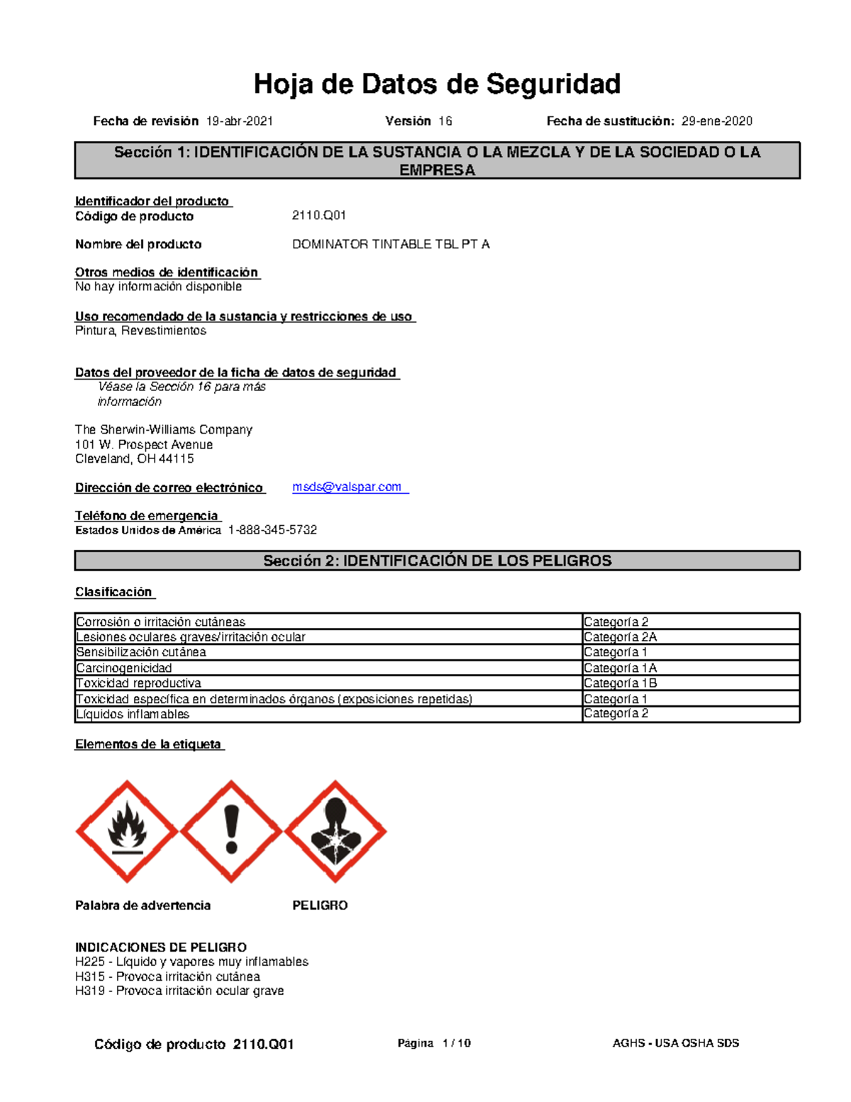 11.- Primer Universal verde Sherwin Williams - Hoja de Datos de Seguridad Fecha de revisión ...