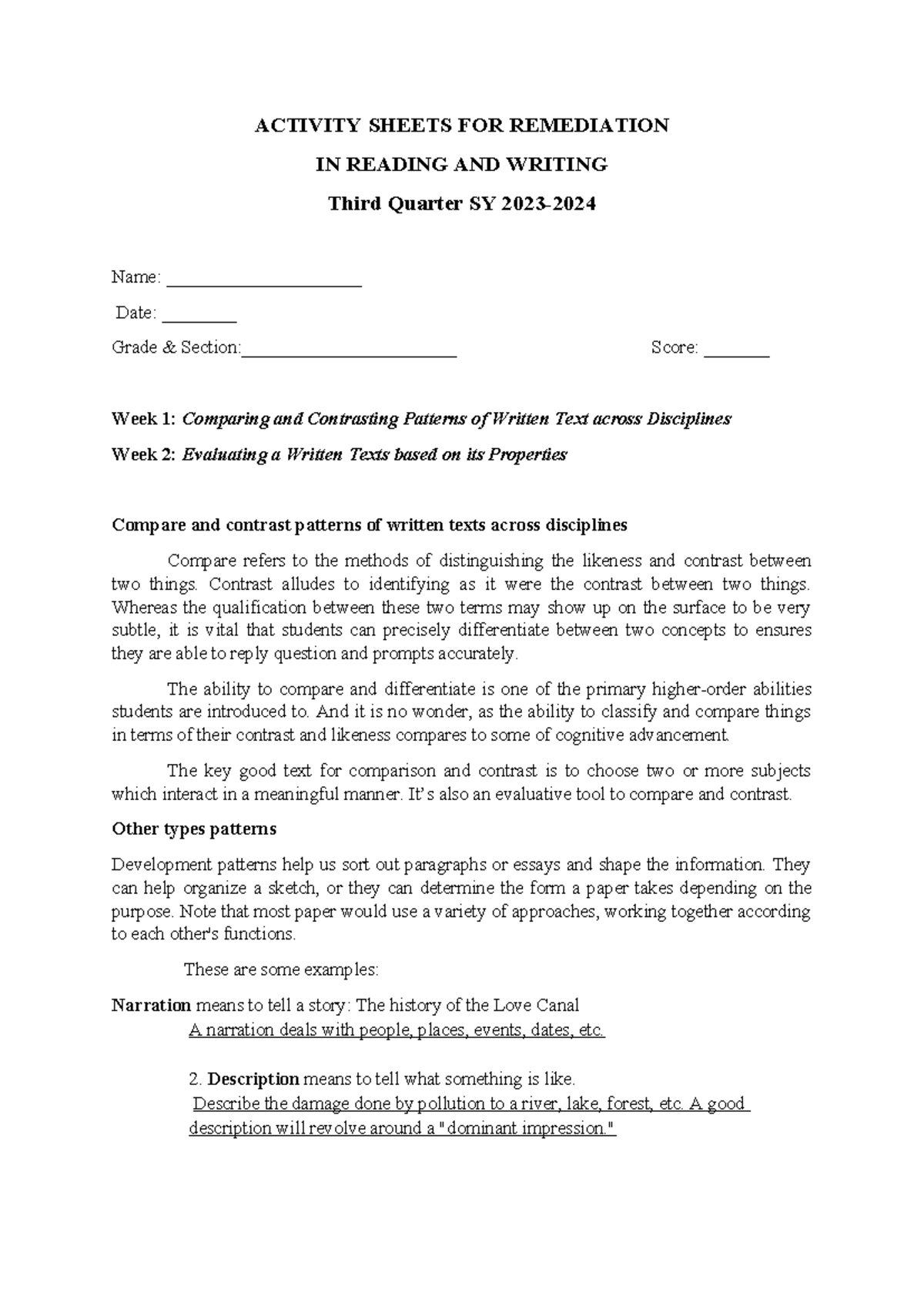 Activity Sheets FOR Remediation - ACTIVITY SHEETS FOR REMEDIATION IN ...