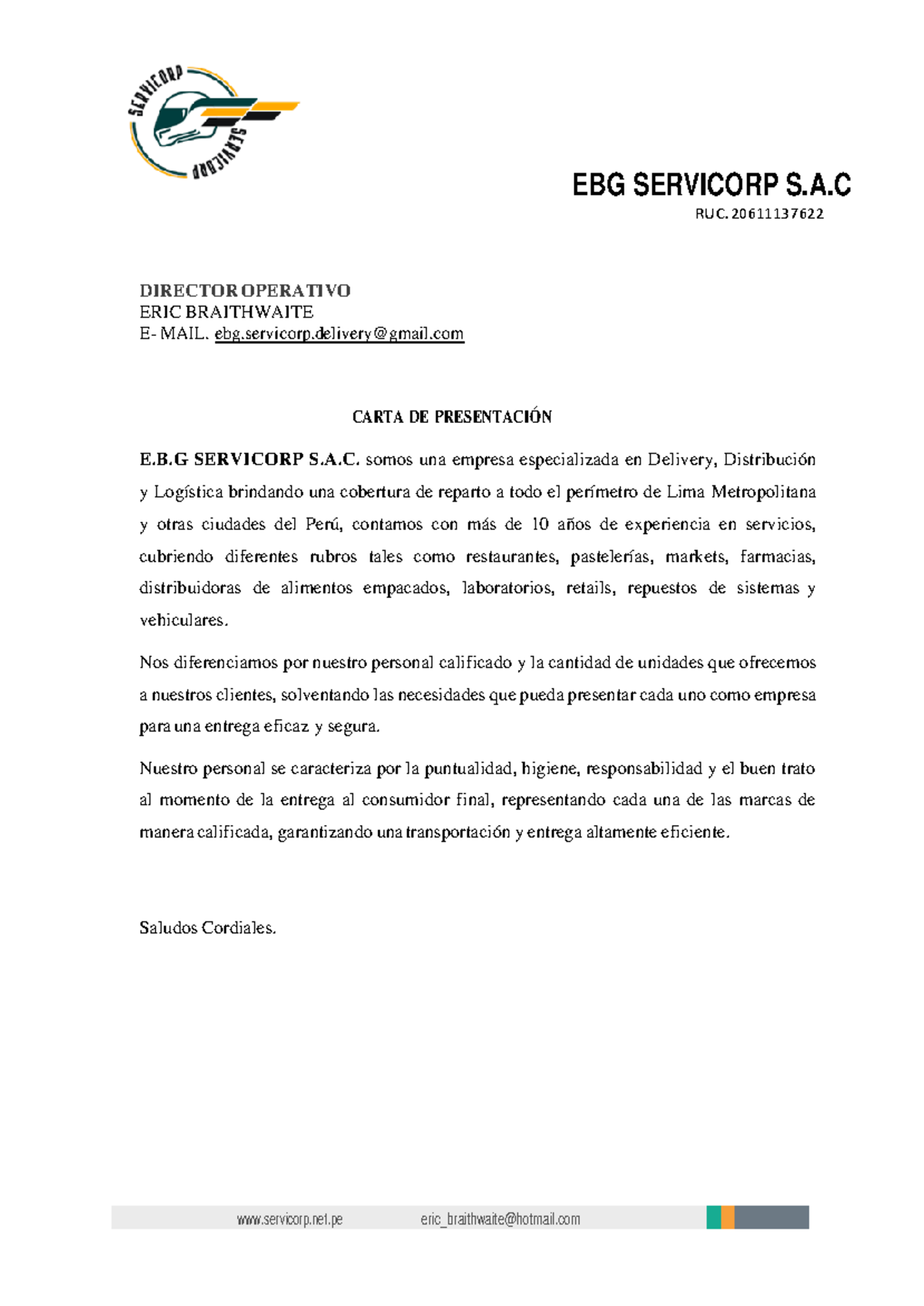 Carta DE Presentacion Servicorp - EBG SERVICORP S.A RUC. 20611137622 ...