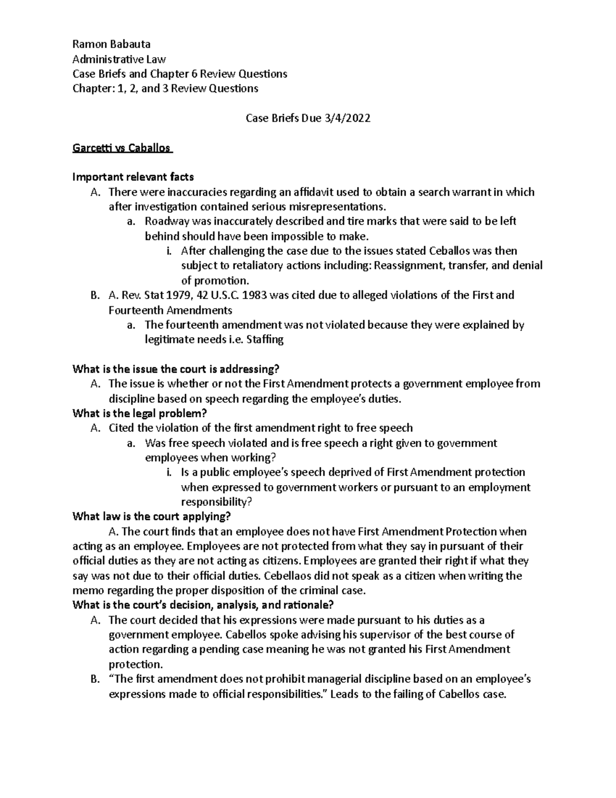 CH1, 2, 3 and 6 + Case Briefs - Ramon Babauta Administrative Law Case ...