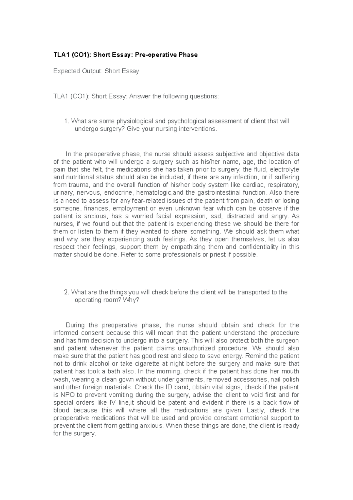 TLA1 (CO1) Short Essay Pre-operative Phase - TLA1 (CO1): Short Essay ...