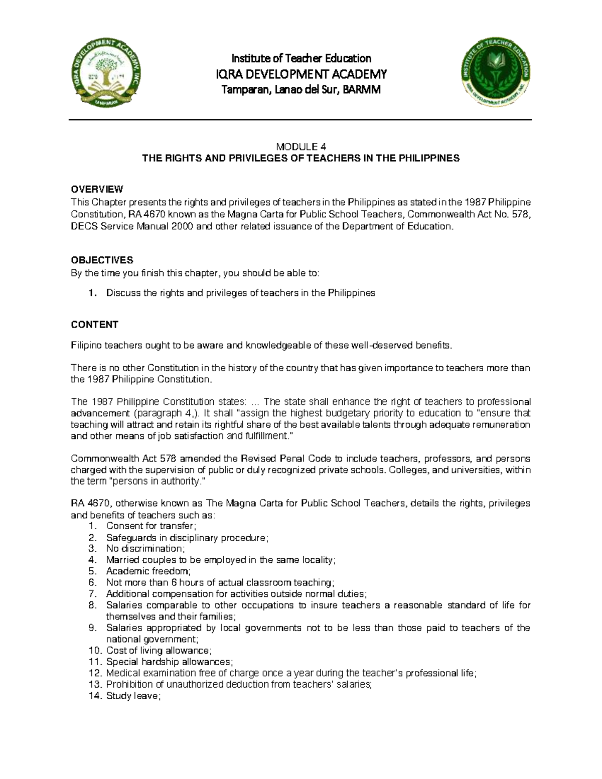 Module 4 - THE Rights AND Privileges OF Teachers IN THE Philippines - Institute of Teacher ...