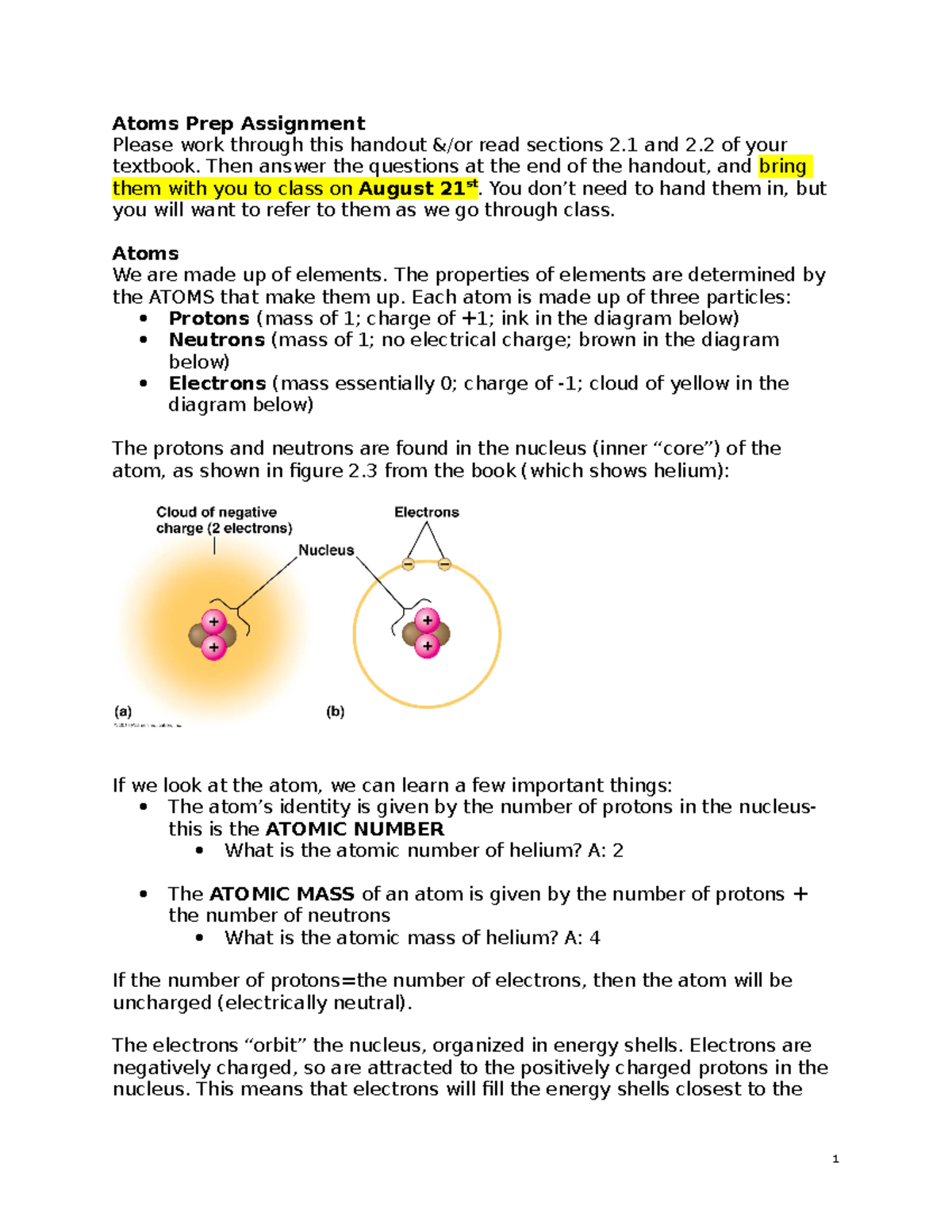 Atoms Prep Assignment - Summary Cell & Org Biol - Atoms Prep Assignment ...
