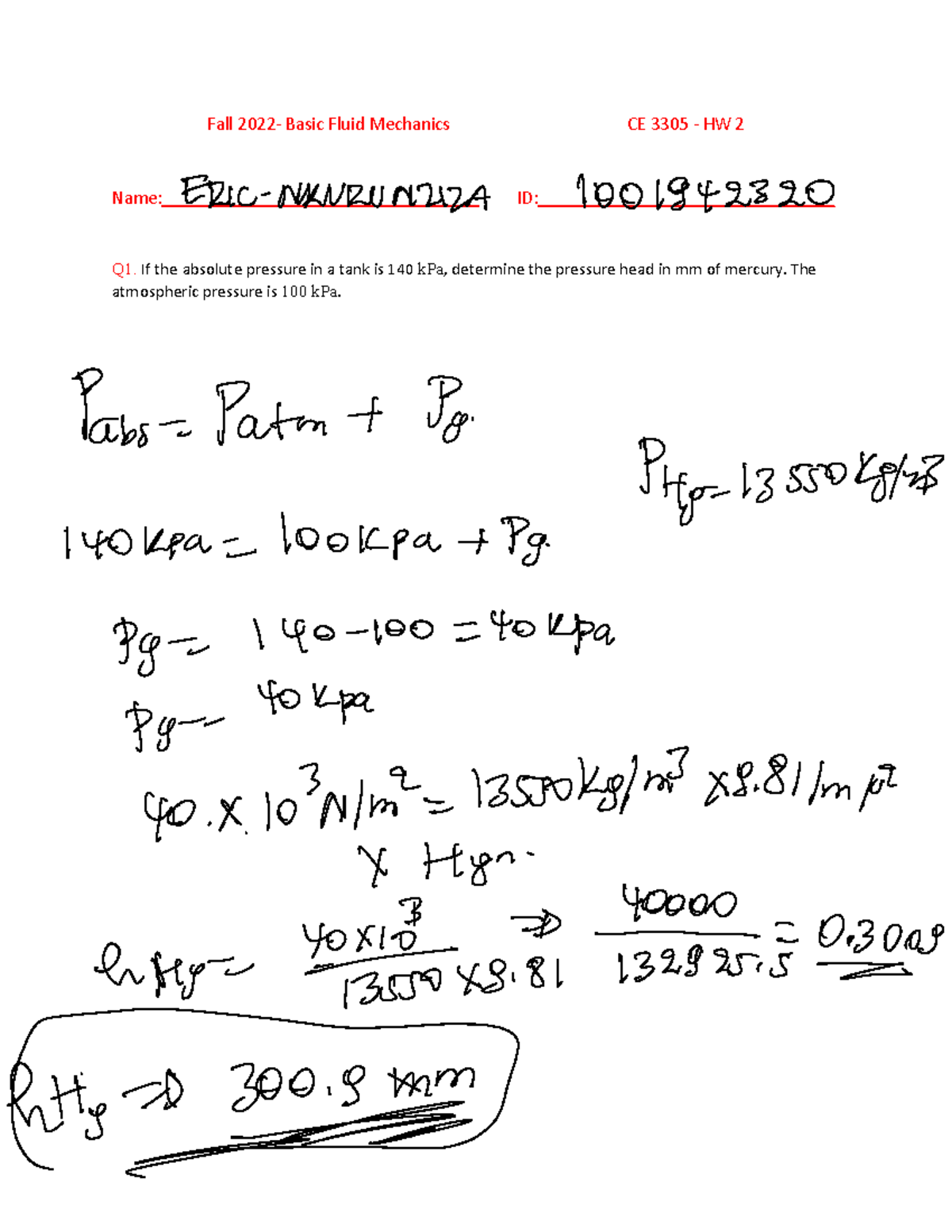 Fall 2022 CE 3305 HW 2 answer - Fall 2022- Basic Fluid Mechanics CE ...