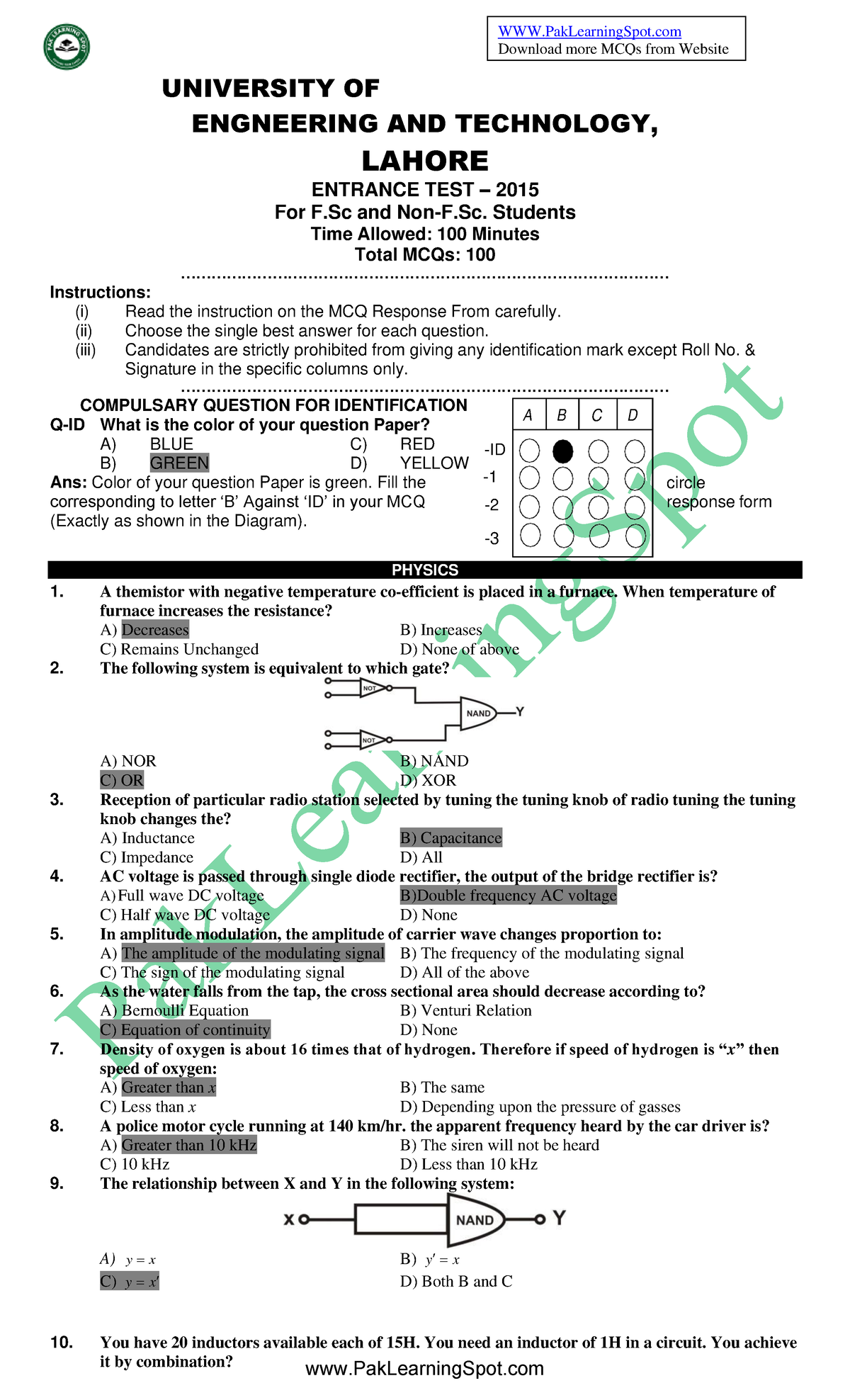 ECAT 2015 Past Papers Pak Learning Spot - Download more MCQs from ...