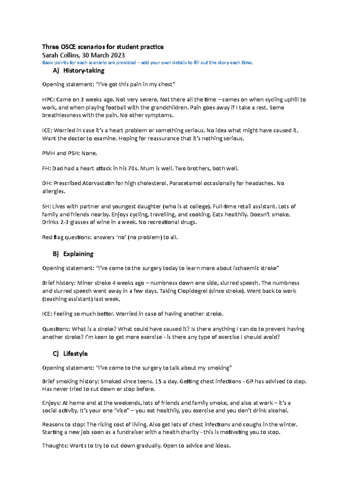 Three OSCE scenarios for student practice - A) History-taking Opening ...