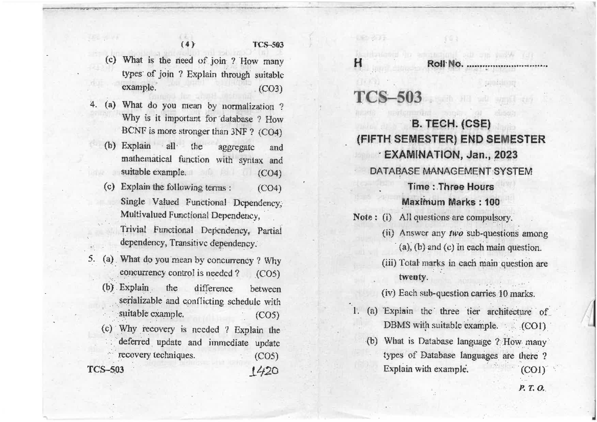 TCS 503 END 2023 - btech - Studocu