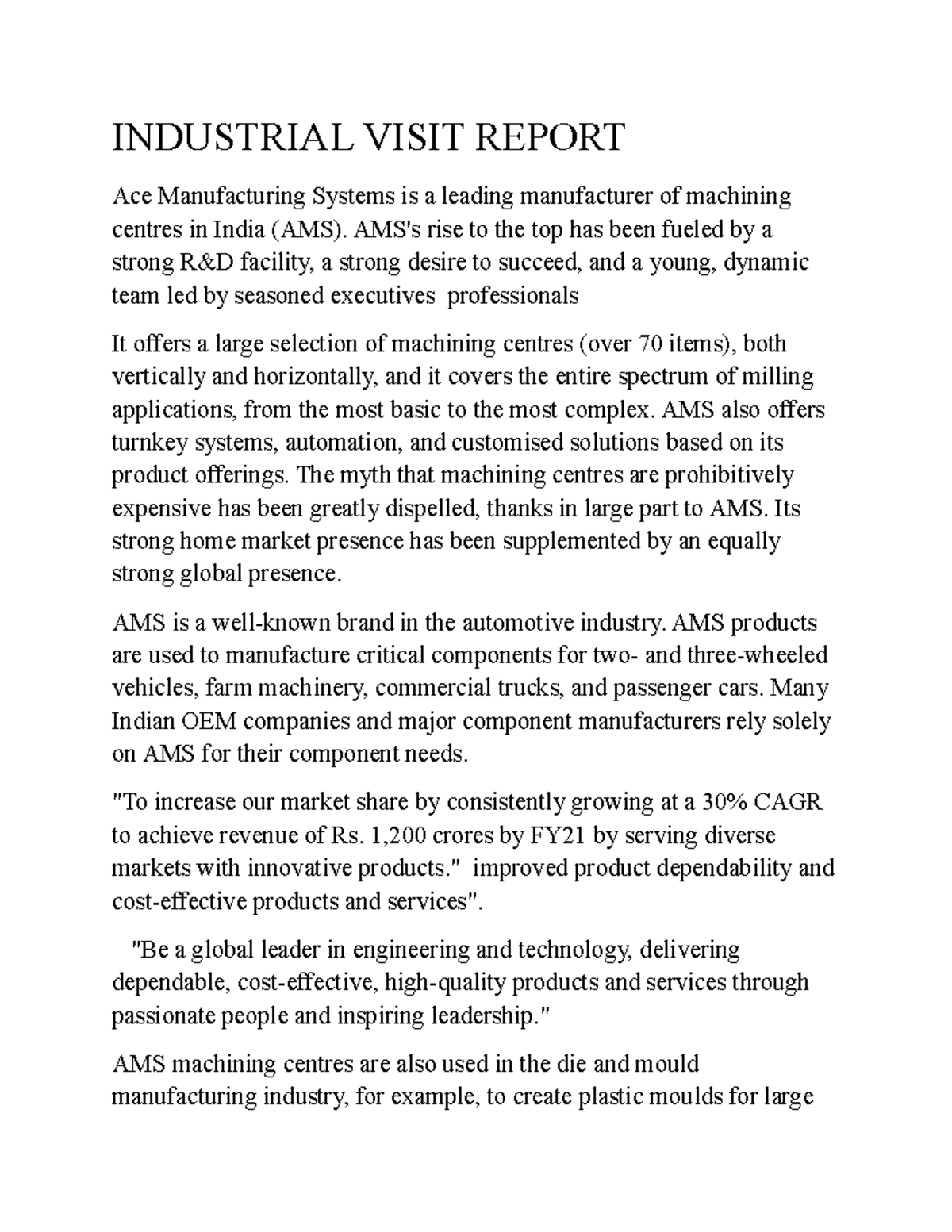 Industrial Visit Report - INDUSTRIAL VISIT REPORT Ace Manufacturing ...