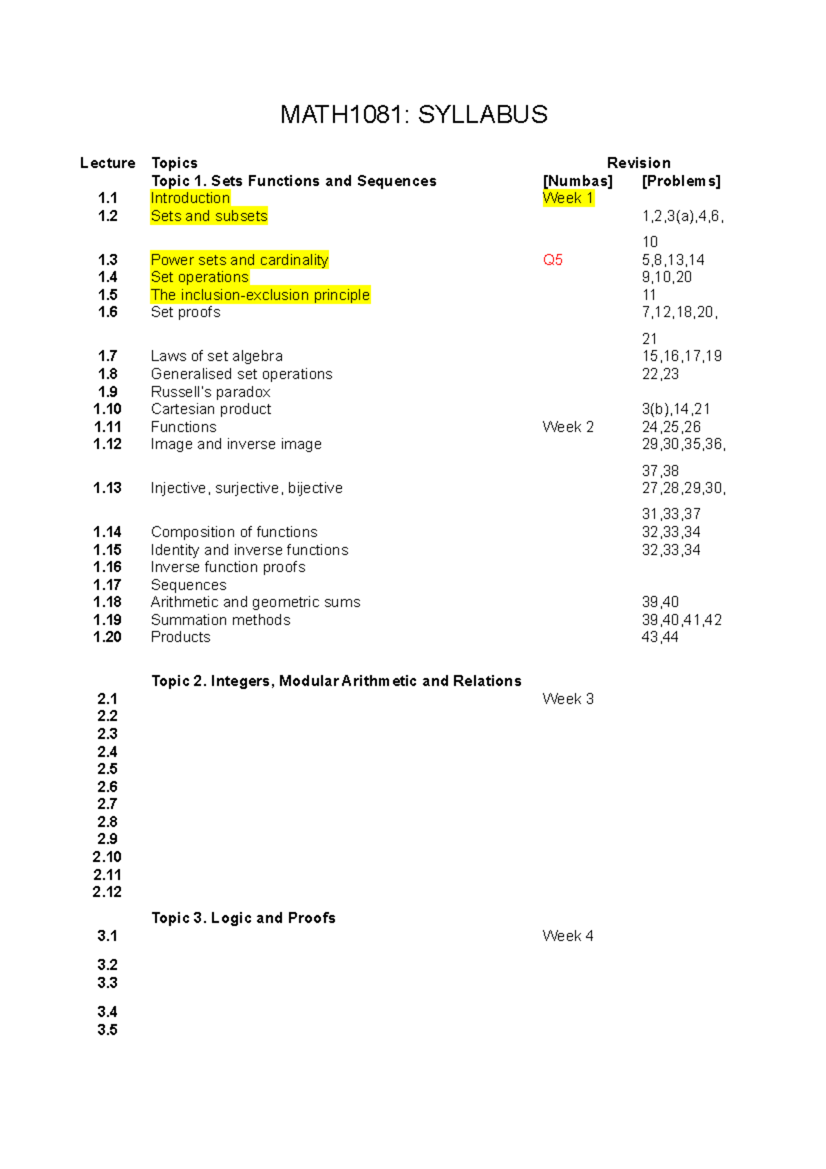 MATH1081 - Syllabus Checklist - MATH1081: SYLLABUS Lecture Topics Revision Topic 1. Sets ...