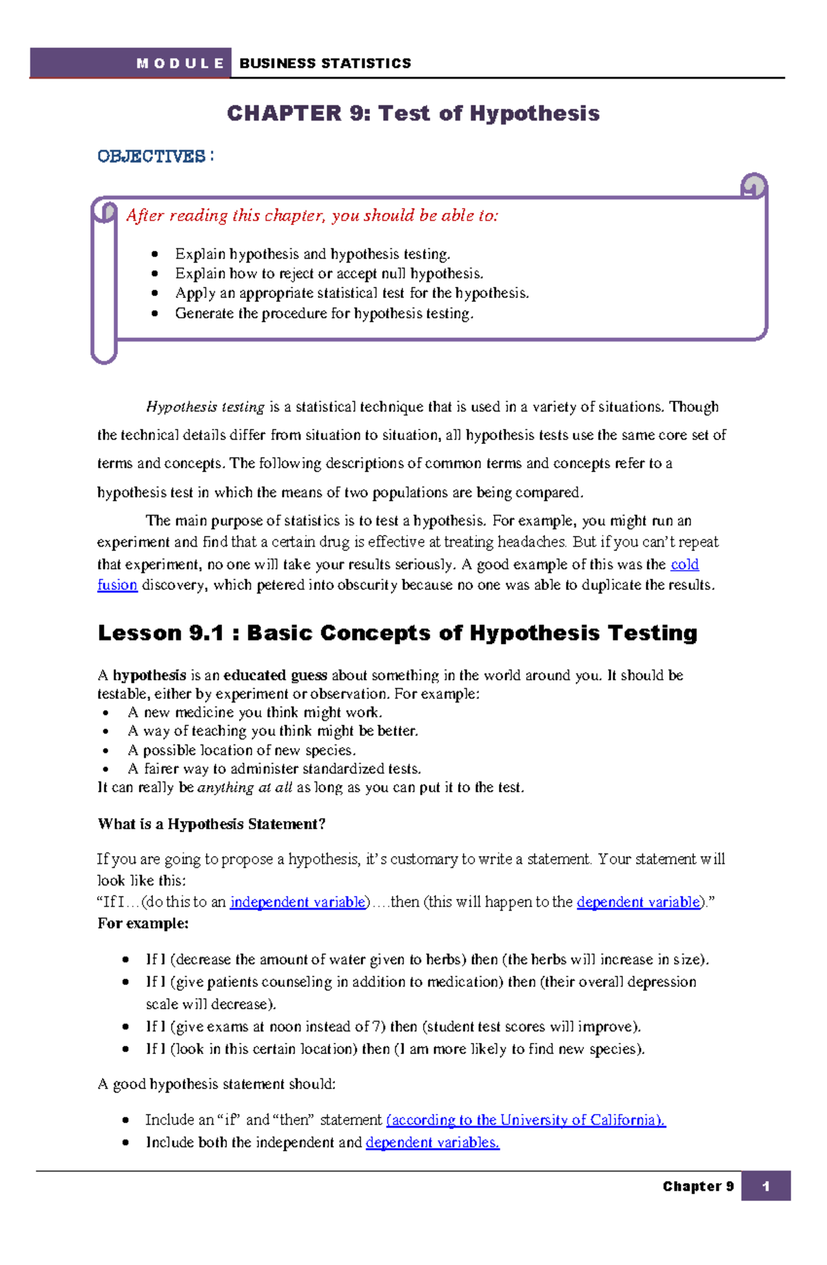Test of Hypothesis - CHAPTER 9: Test of Hypothesis OBJECTIVES ...