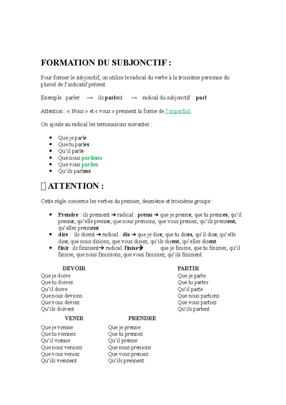 LE Subjonctif - Apuntes 1 - FORMATION DU SUBJONCTIF : Pour former le ...