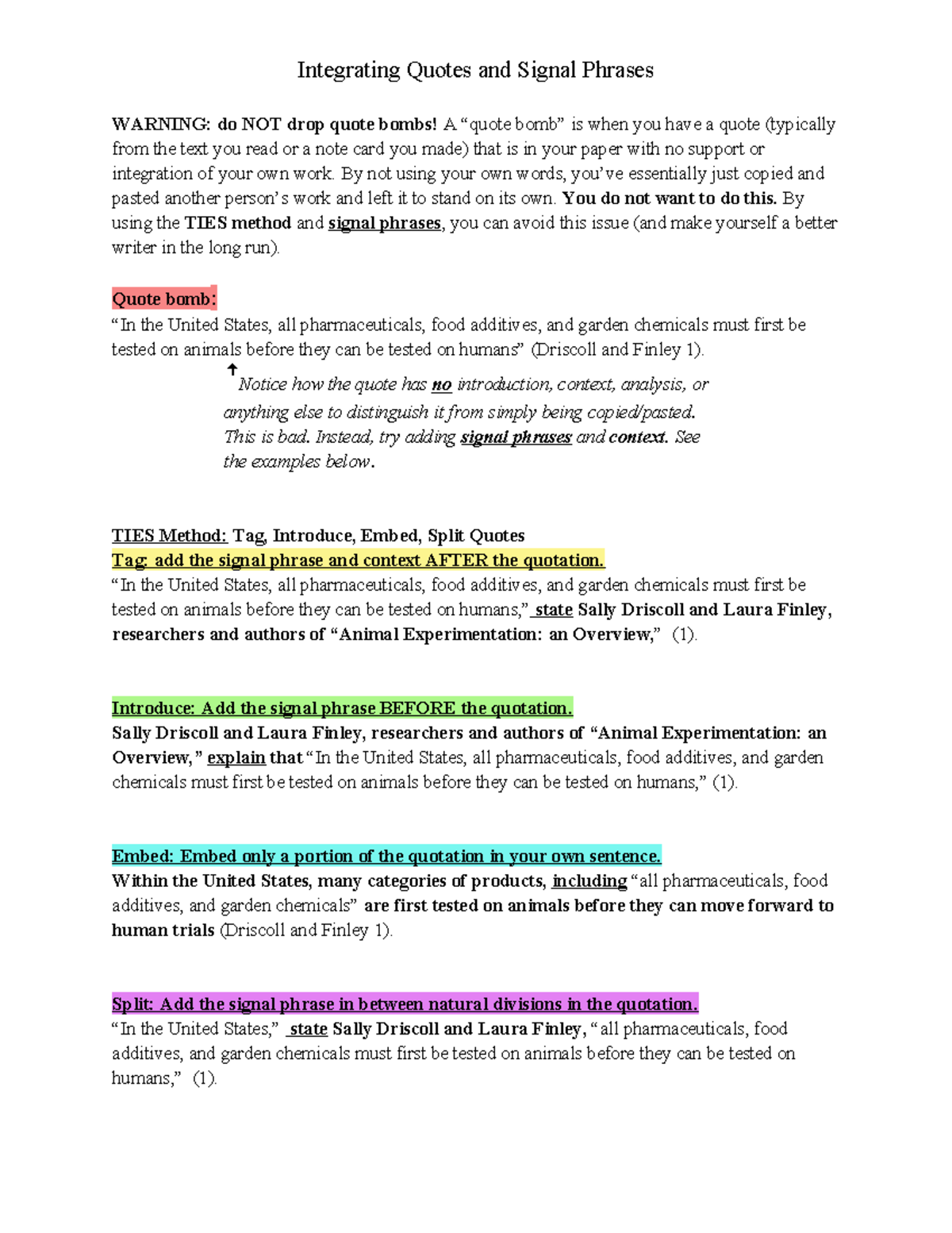 Integrating Quotes and Signal Phrases - Integrating Quotes and Signal ...