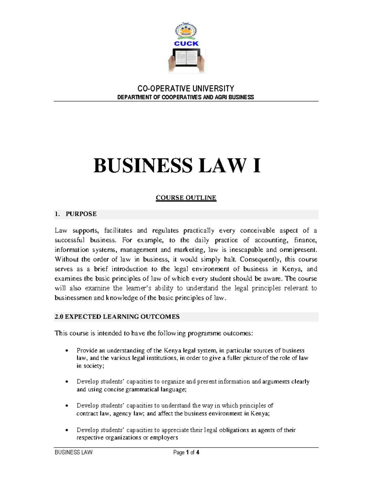 Business LAW ONE Notes - buss - CO-OPERATIVE UNIVERSITY DEPARTMENT OF ...