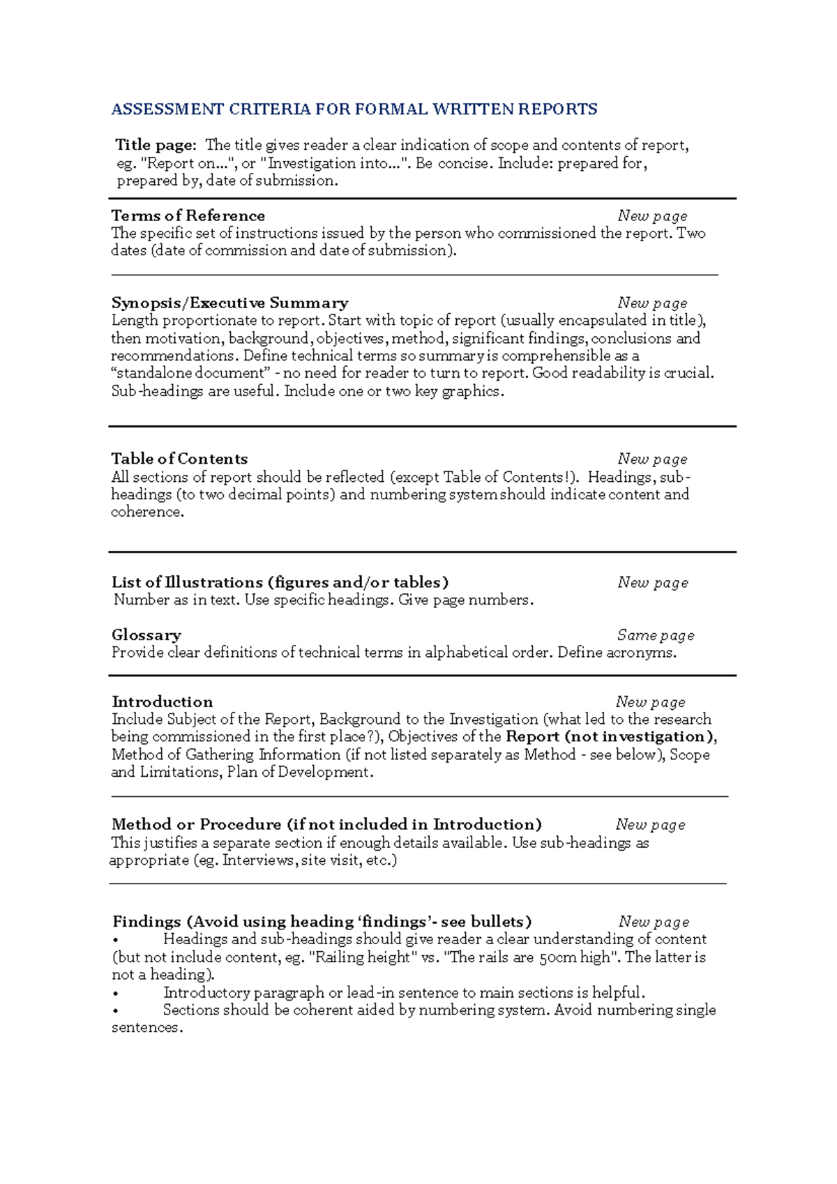 Assessment Criteria for Written Reports - ASSESSMENT CRITERIA FOR ...