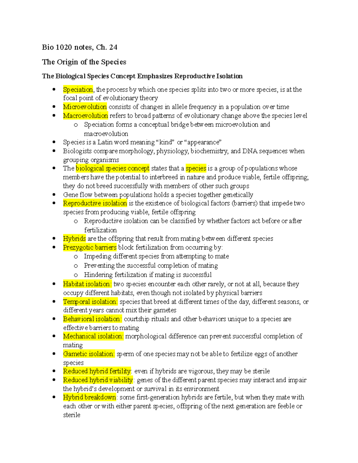 BIO 1020 Ch 24 notes - Dr. Meghan Kelley - Bio 1020 notes, Ch. 24 The ...