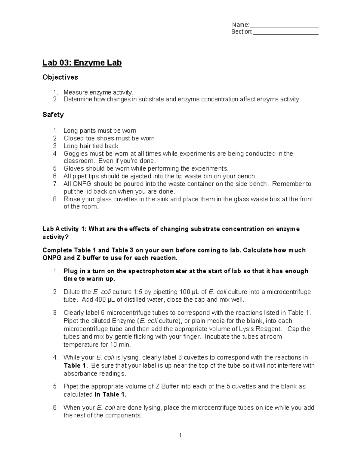 Lab 3 - Lab 3 answers - Section:____________________ Lab 03: Enzyme Lab Objectives 1. Measure ...