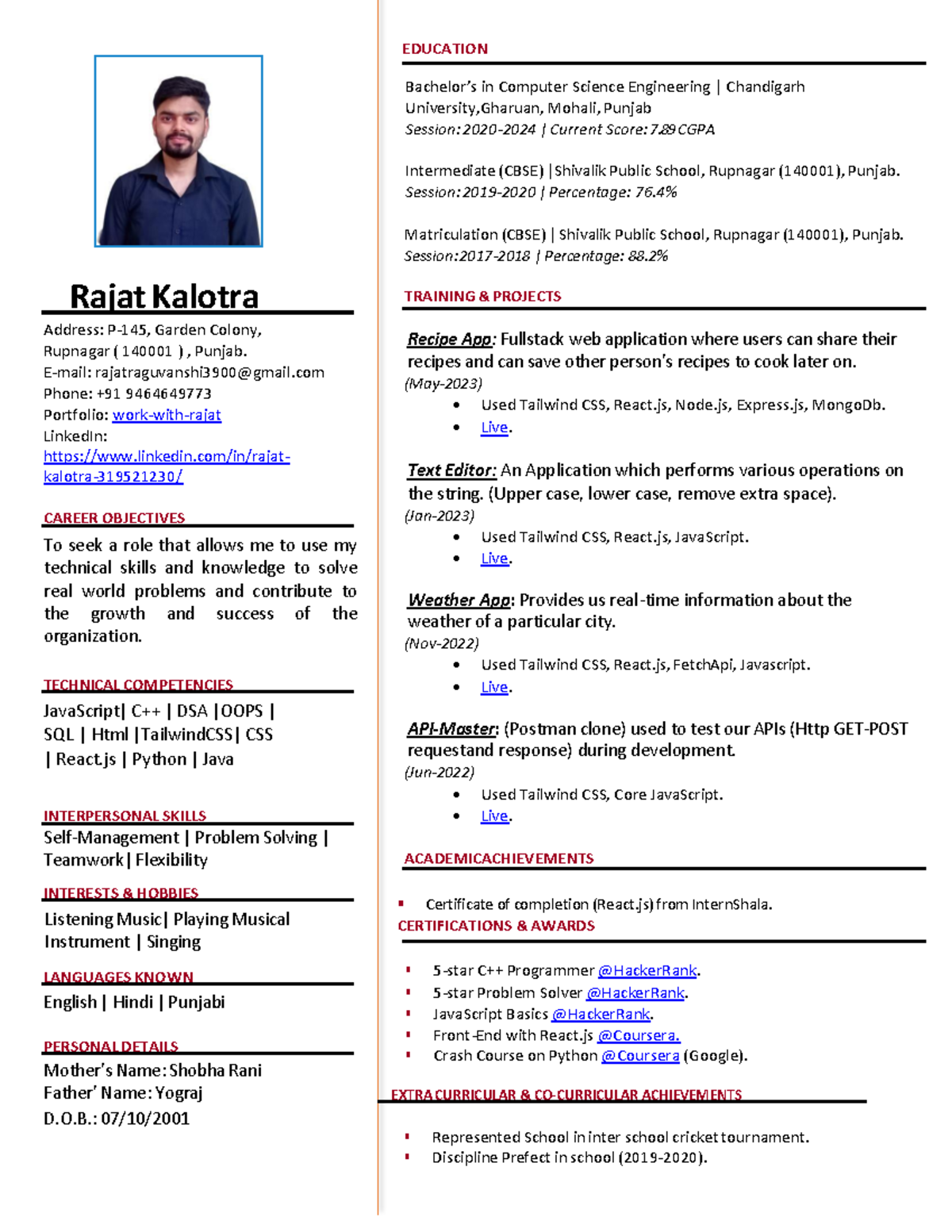Rajat Kalotra 20BCS4878 - Rajat - EDUCATION Bachelor’s in Computer Science Engineering ...